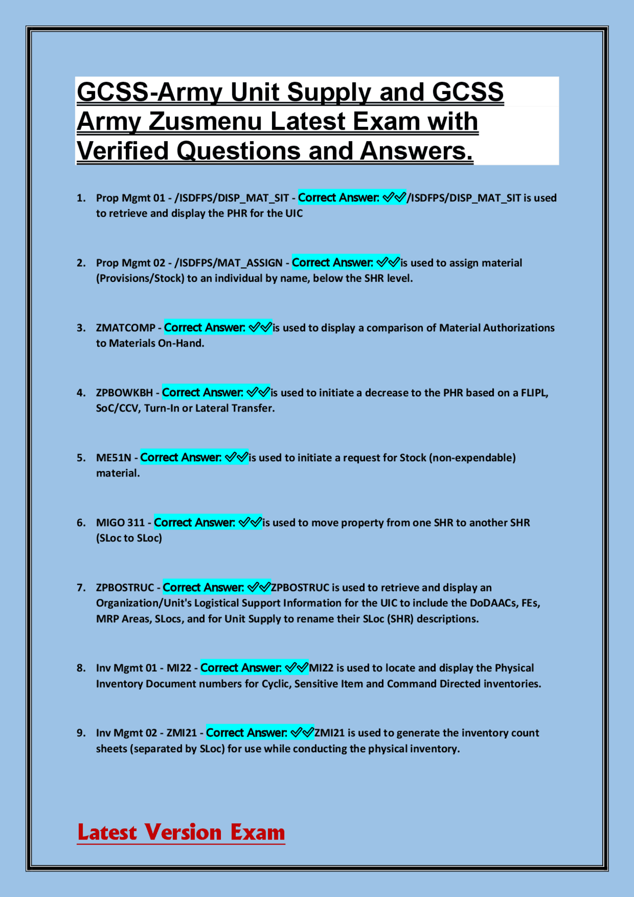 GCSS-Army Unit Supply and GCSS Army Zusmenu Exam with Verified Questions and Answers | Exams ...