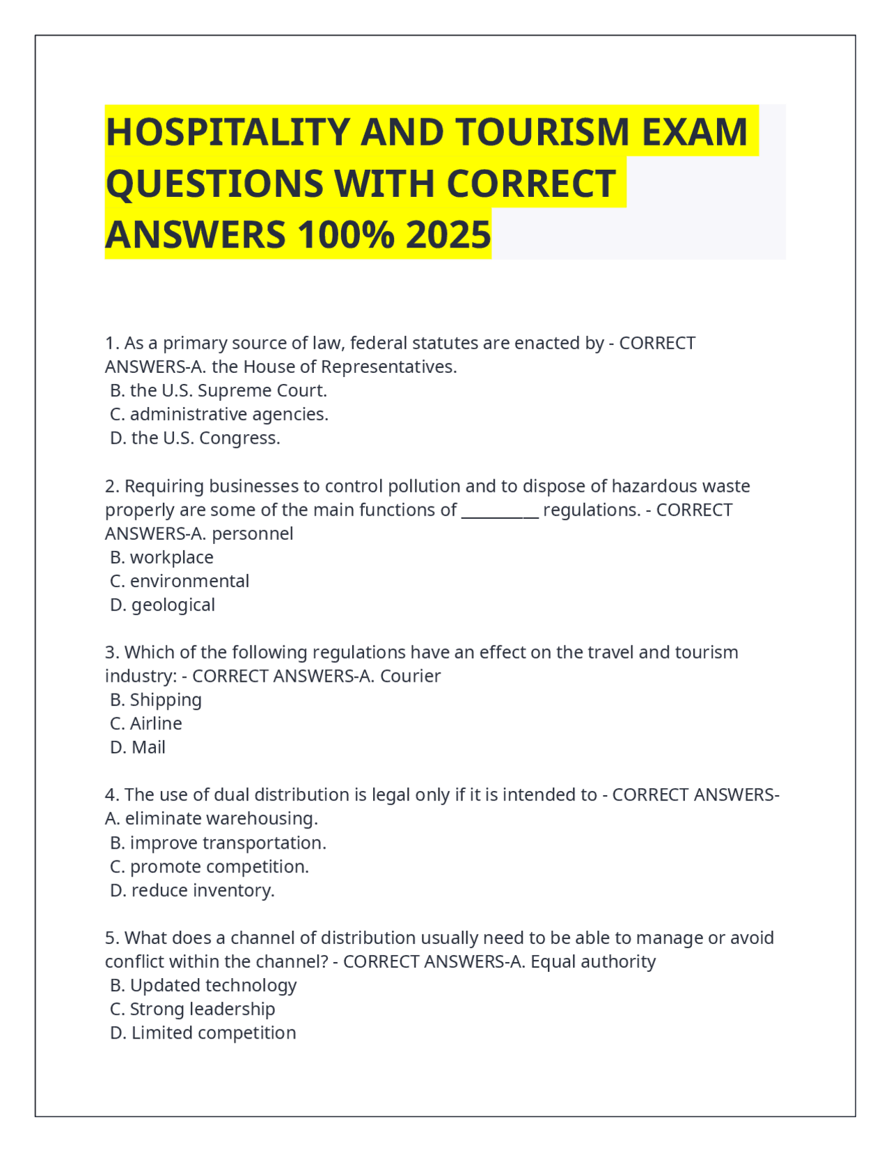 HOSPITALITY AND TOURISM EXAM QUESTIONS WITH CORRECT ANSWERS 100% 2025 ...