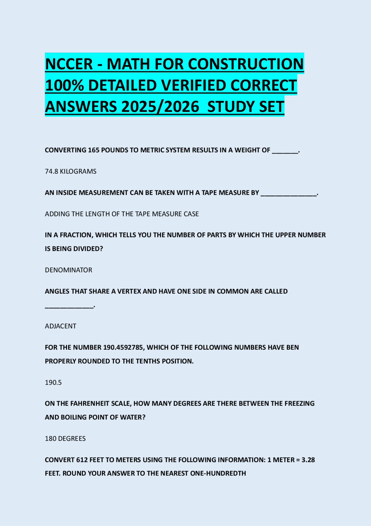 NCCER - MATH FOR CONSTRUCTION 100% DETAILED VERIFIED CORRECT ANSWERS ...