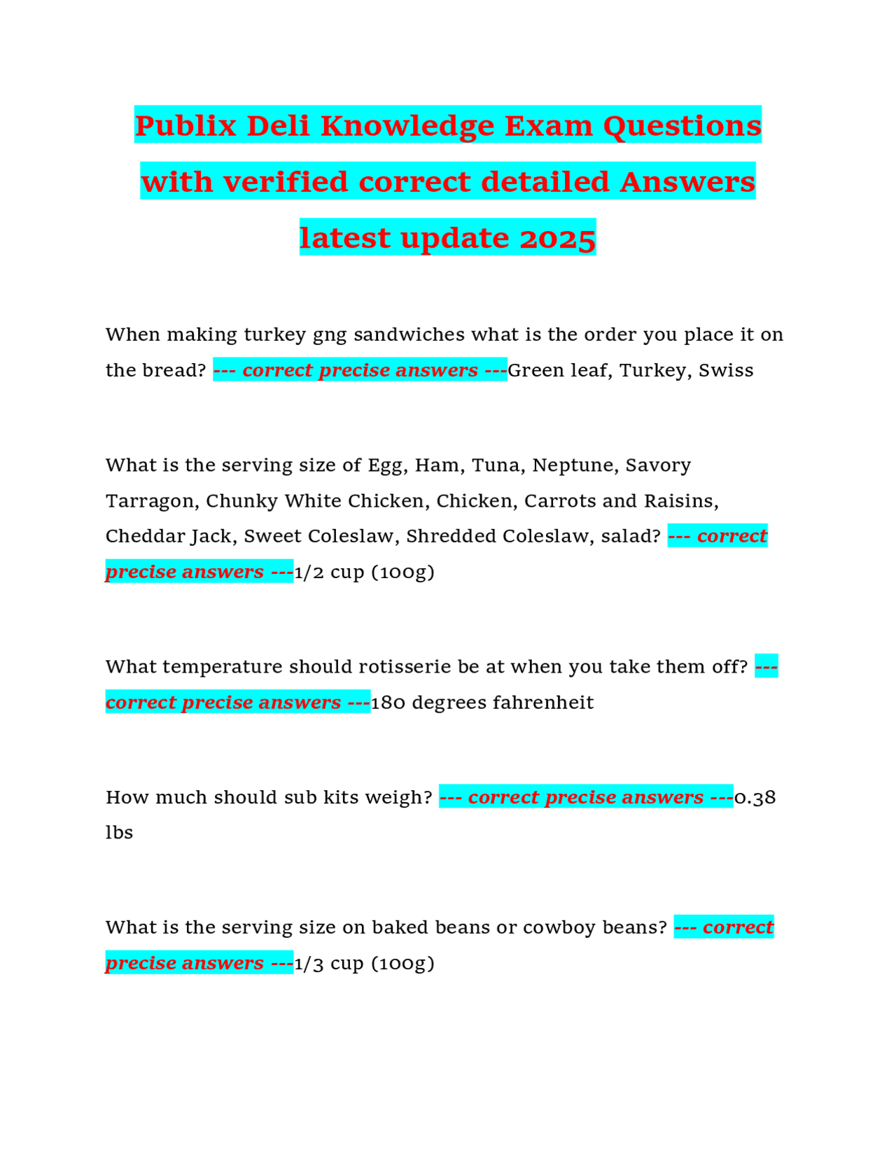 Publix Deli Knowledge Exam Questions with verified correct detailed ...