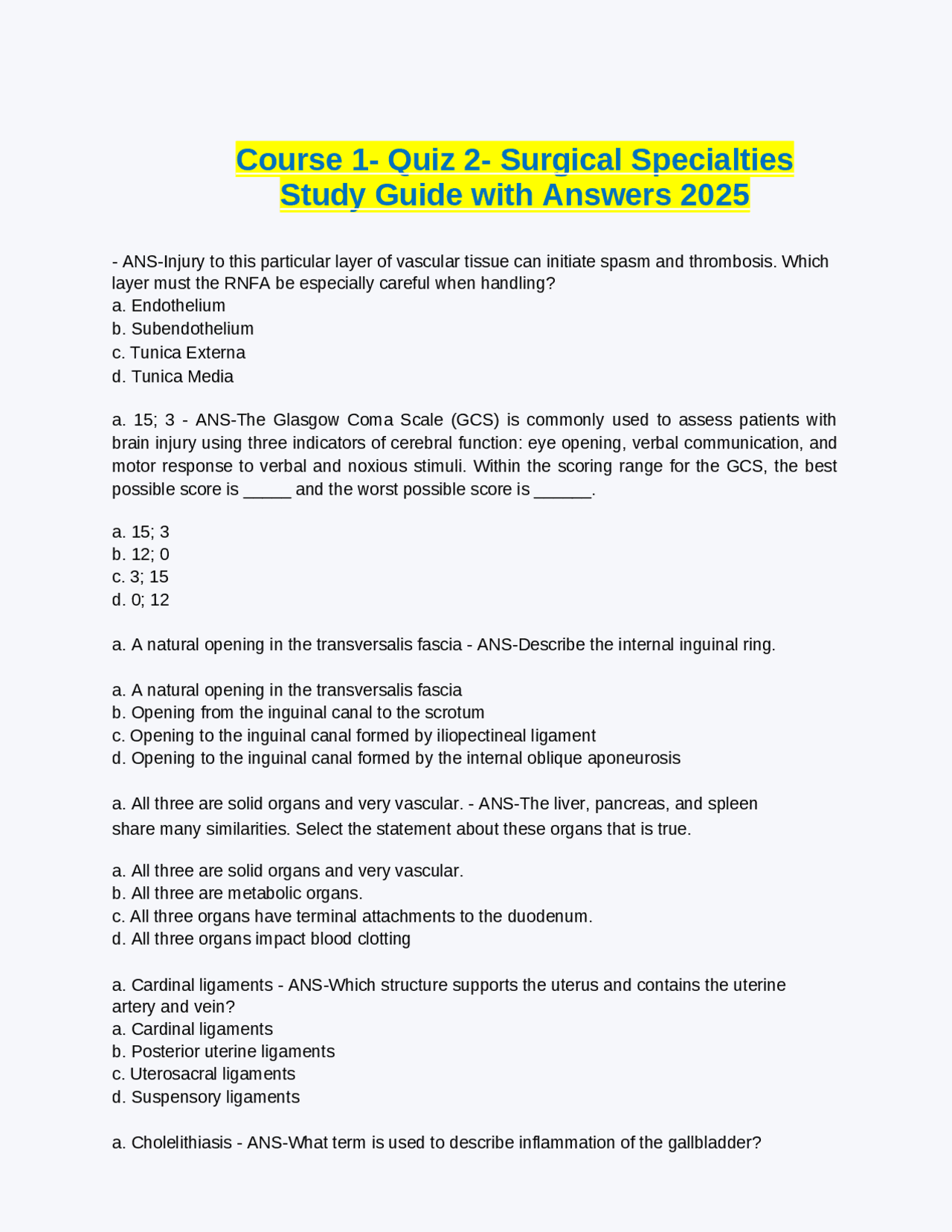 Surgical Specialties Study Guide with Answers: Quiz 2 | Exams Nursing ...