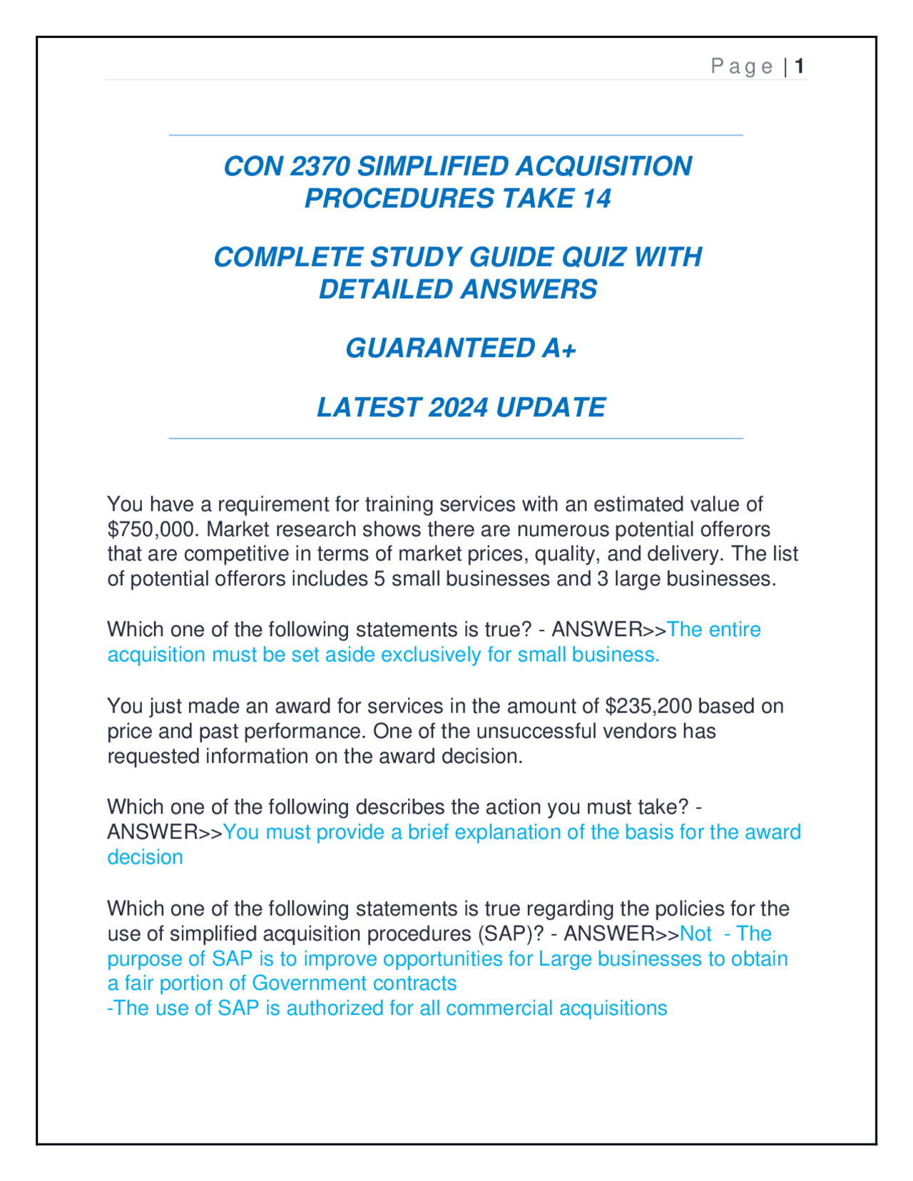 CON 2370 SIMPLIFIED ACQUISITION PROCEDURES TAKE 14 COMPLETE STUDY GUIDE ...