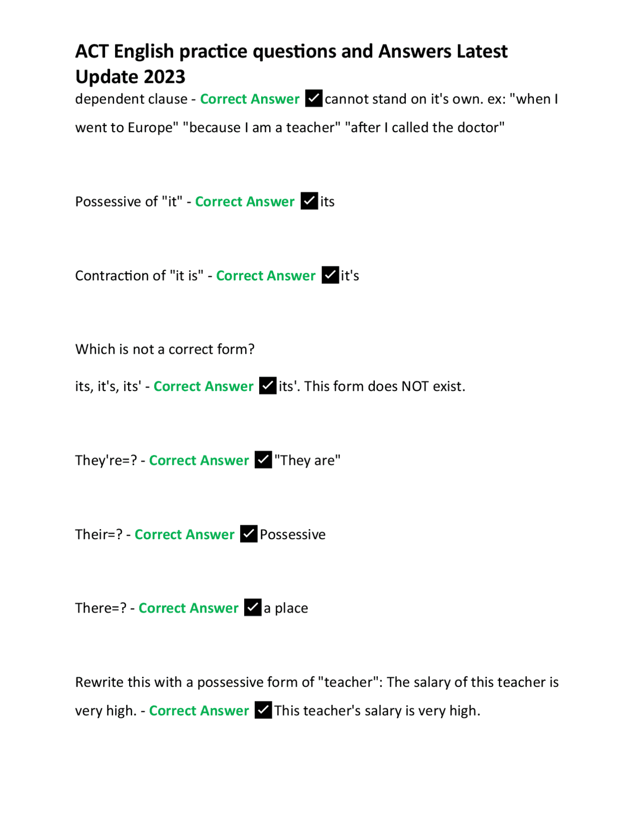 ACT English Practice Questions and Answers: Grammar and Punctuation ...