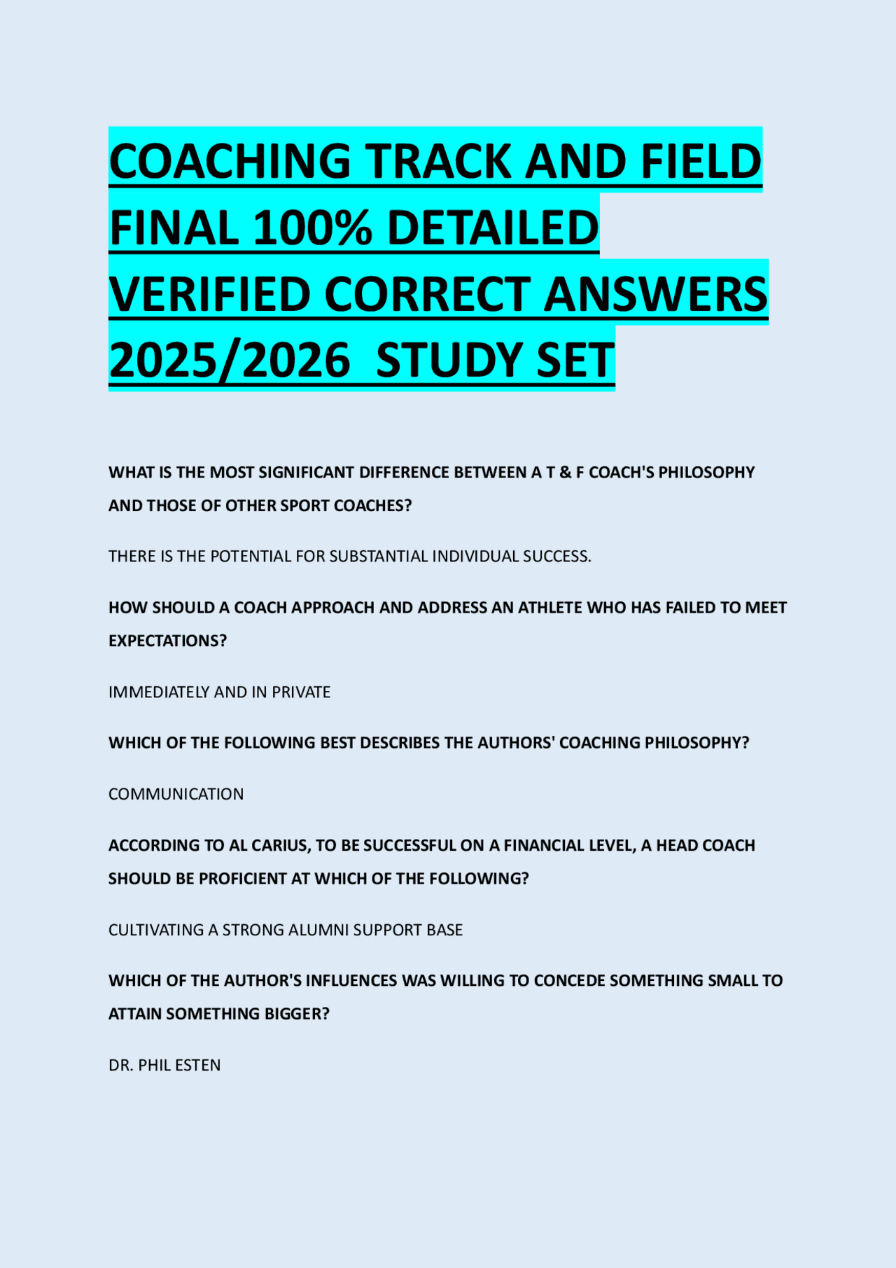 COACHING TRACK AND FIELD FINAL 100% DETAILED VERIFIED CORRECT ANSWERS ...