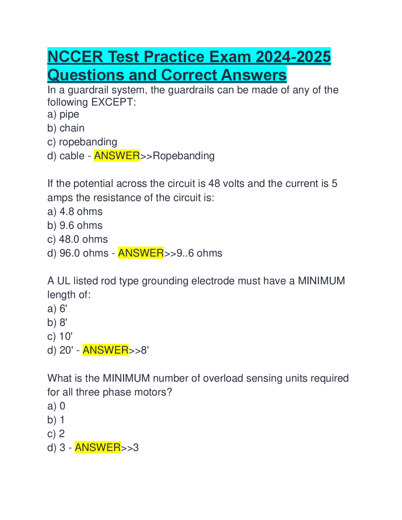 NCCER Test Practice Exam 2024-2025 Questions and Correct Answers ...