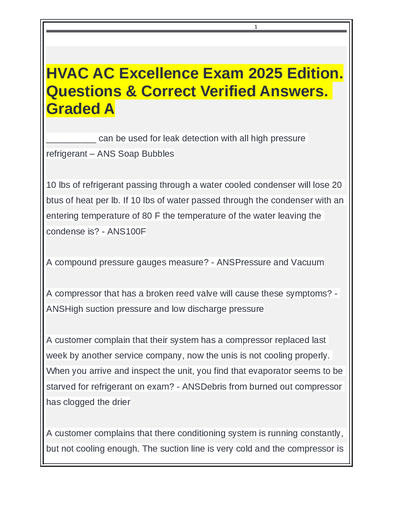 HVAC AC Excellence Exam 2025 Edition. Questions & Correct Verified ...