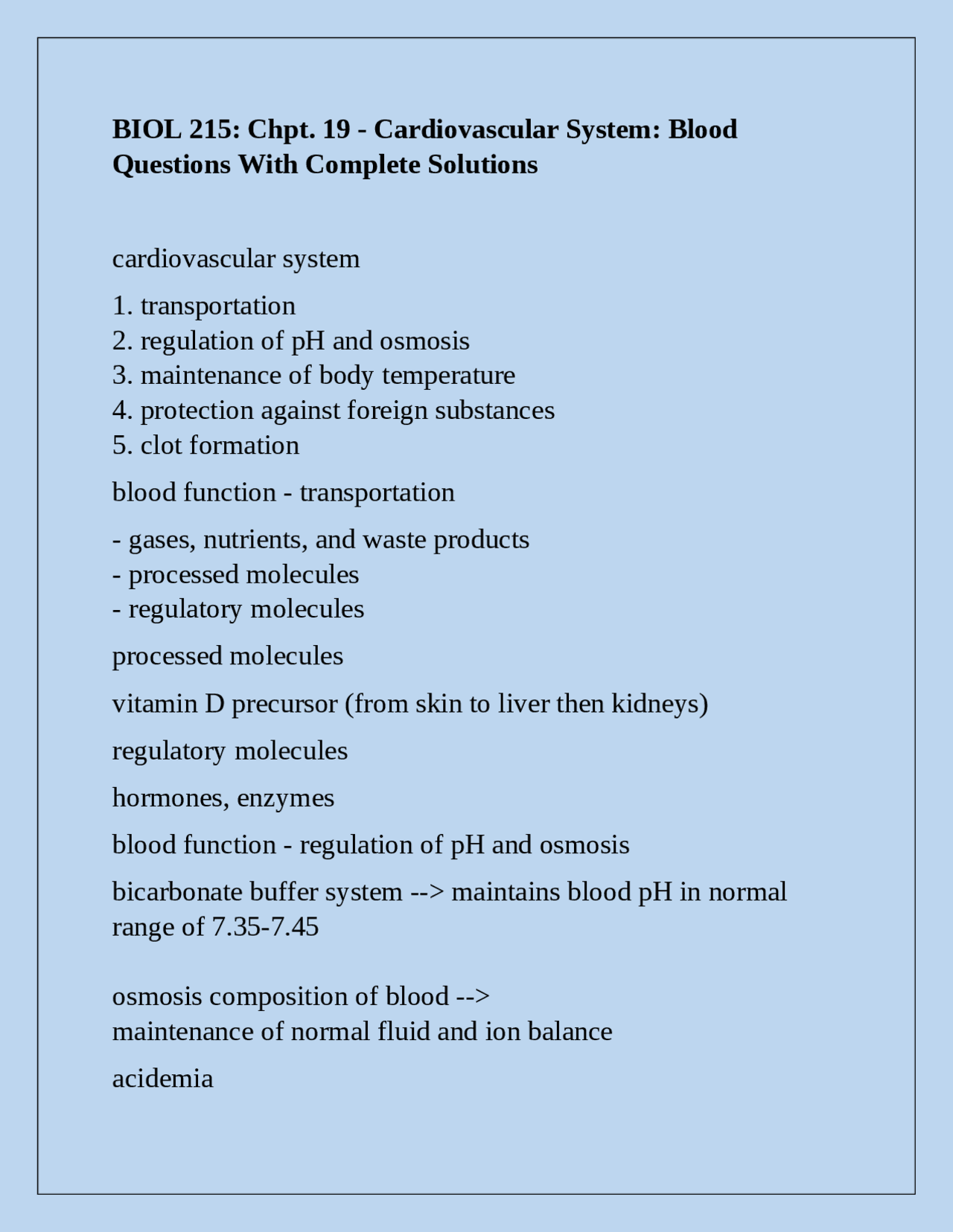 BIOL 215: Chapter 19 - Cardiovascular System: Blood - Questions and ...