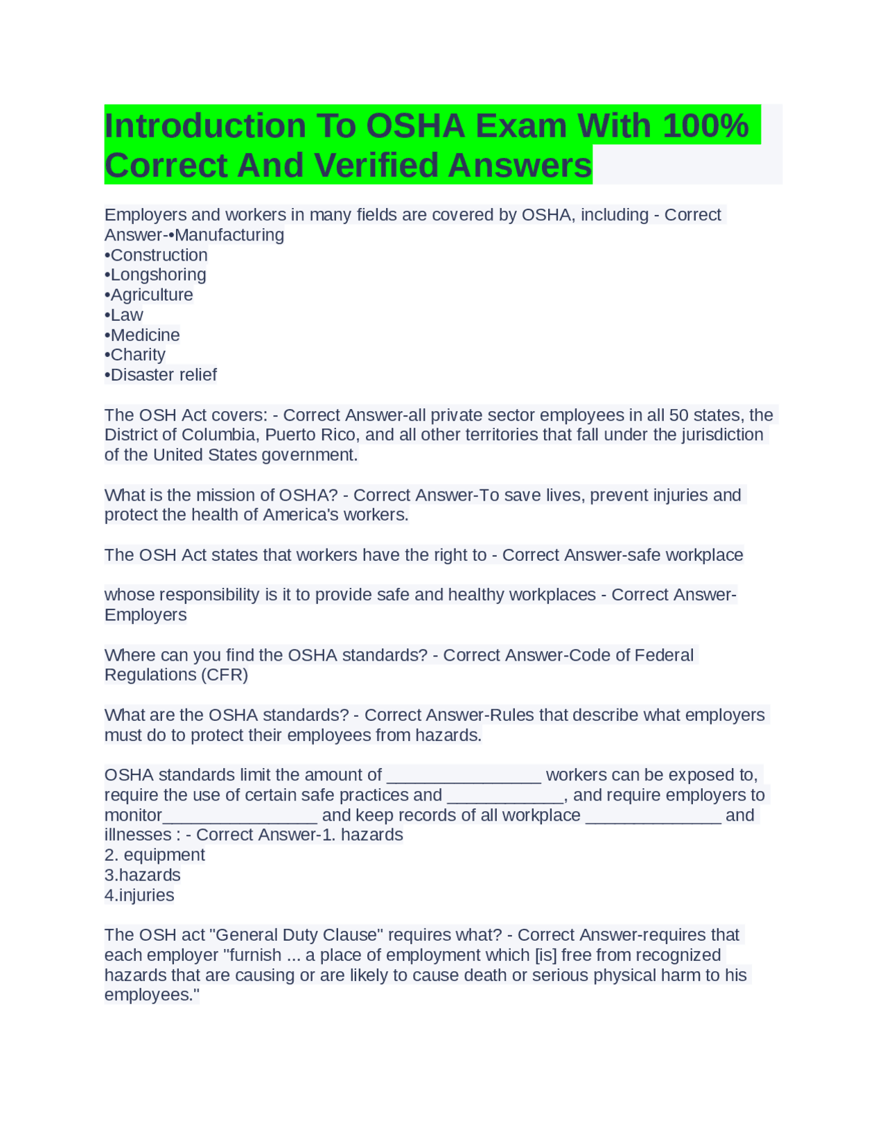 Introduction To OSHA Exam With 100% Correct And Verified Answers ...