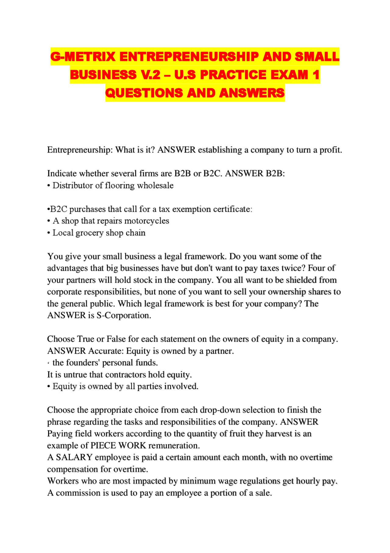 G-METRIX ENTREPRENEURSHIP AND SMALL BUSINESS V.2 – U.S PRACTICE EXAM 1 ...