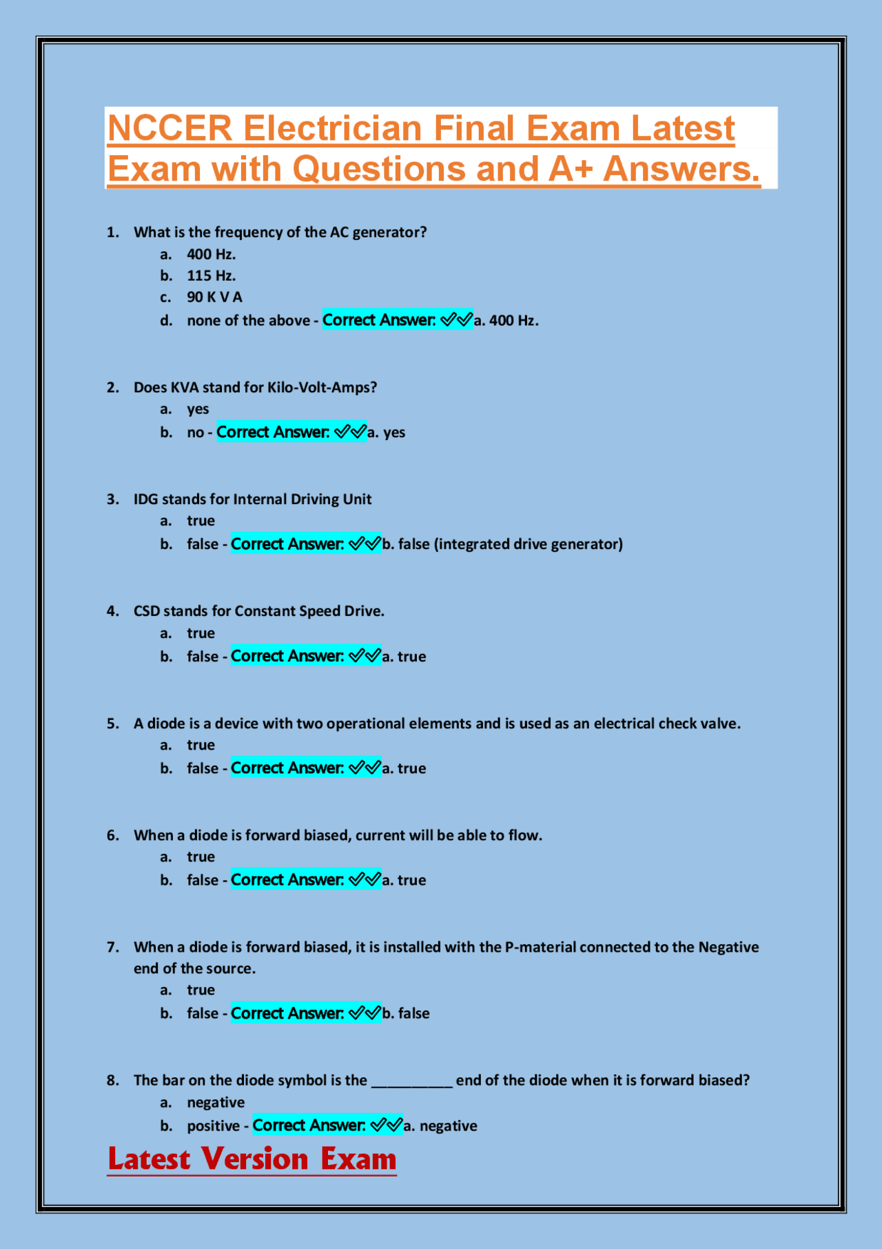 NCCER Electrician Final Exam Latest Exam with Questions and A+ Answers ...