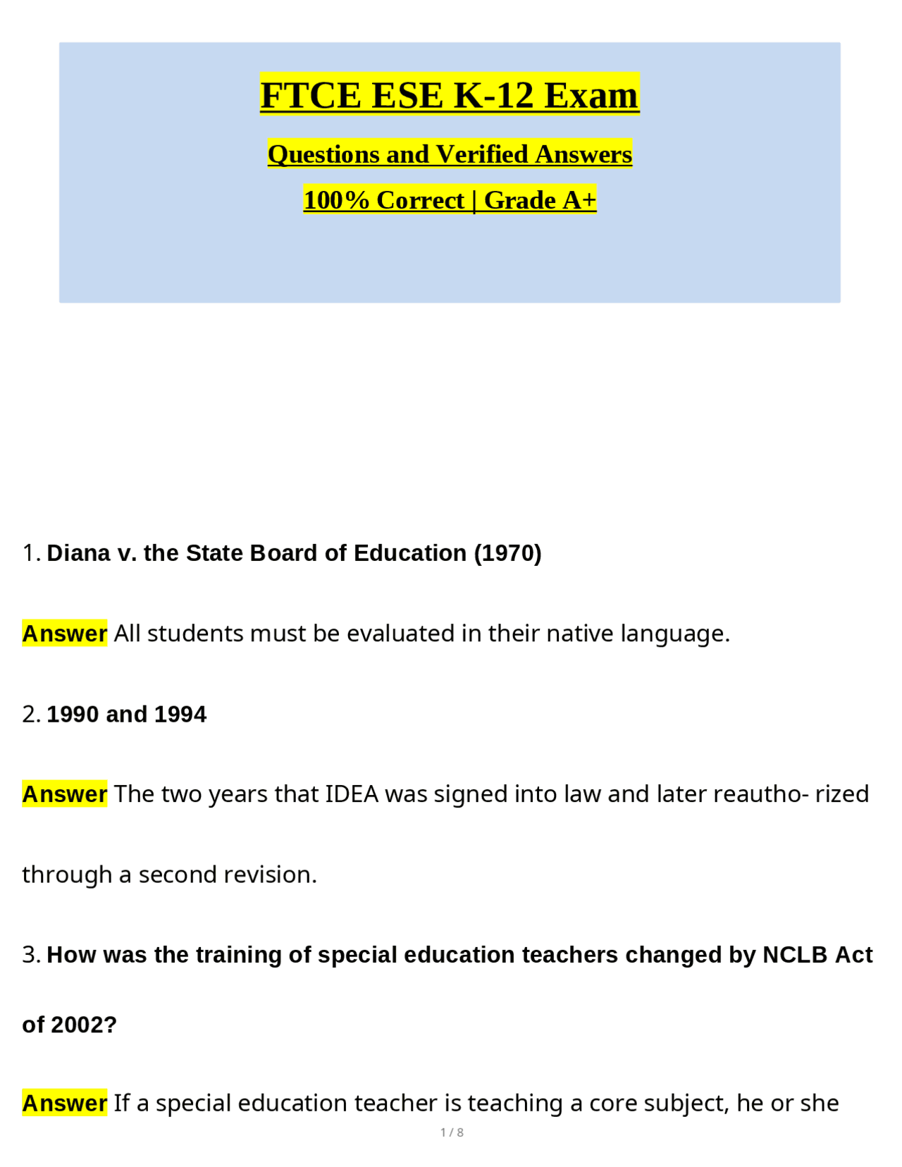 FTCE ESE K-12 Exam: Questions and Verified Answers | Exams Nursing ...