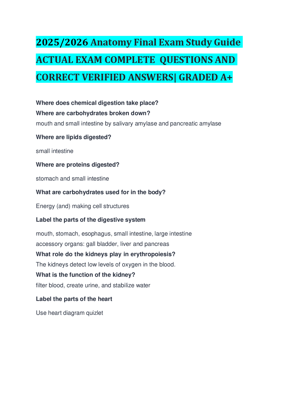 2025/2026 Anatomy Final Exam Study Guide ACTUAL EXAM COMPLETE QUESTIONS ...