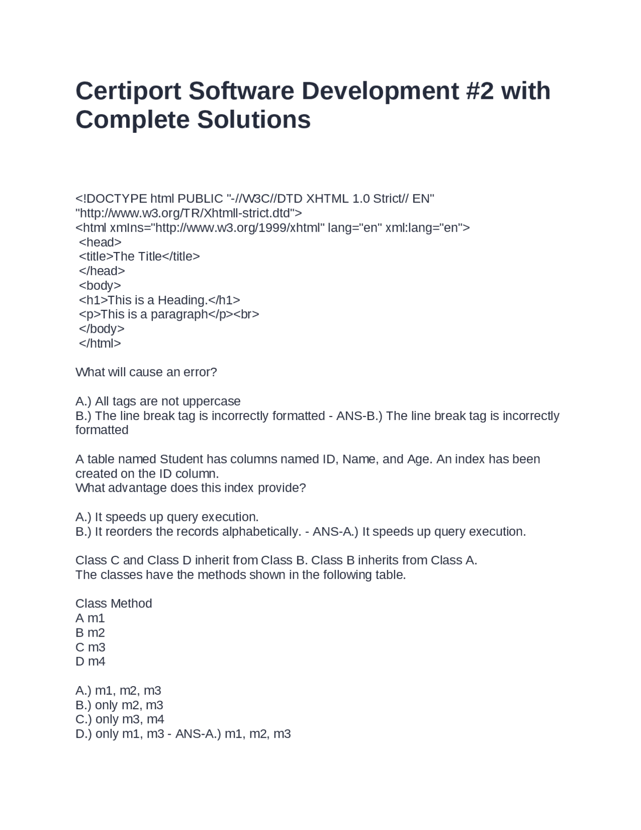 Certiport Software Development #2 with Complete Solutions | Exams ...