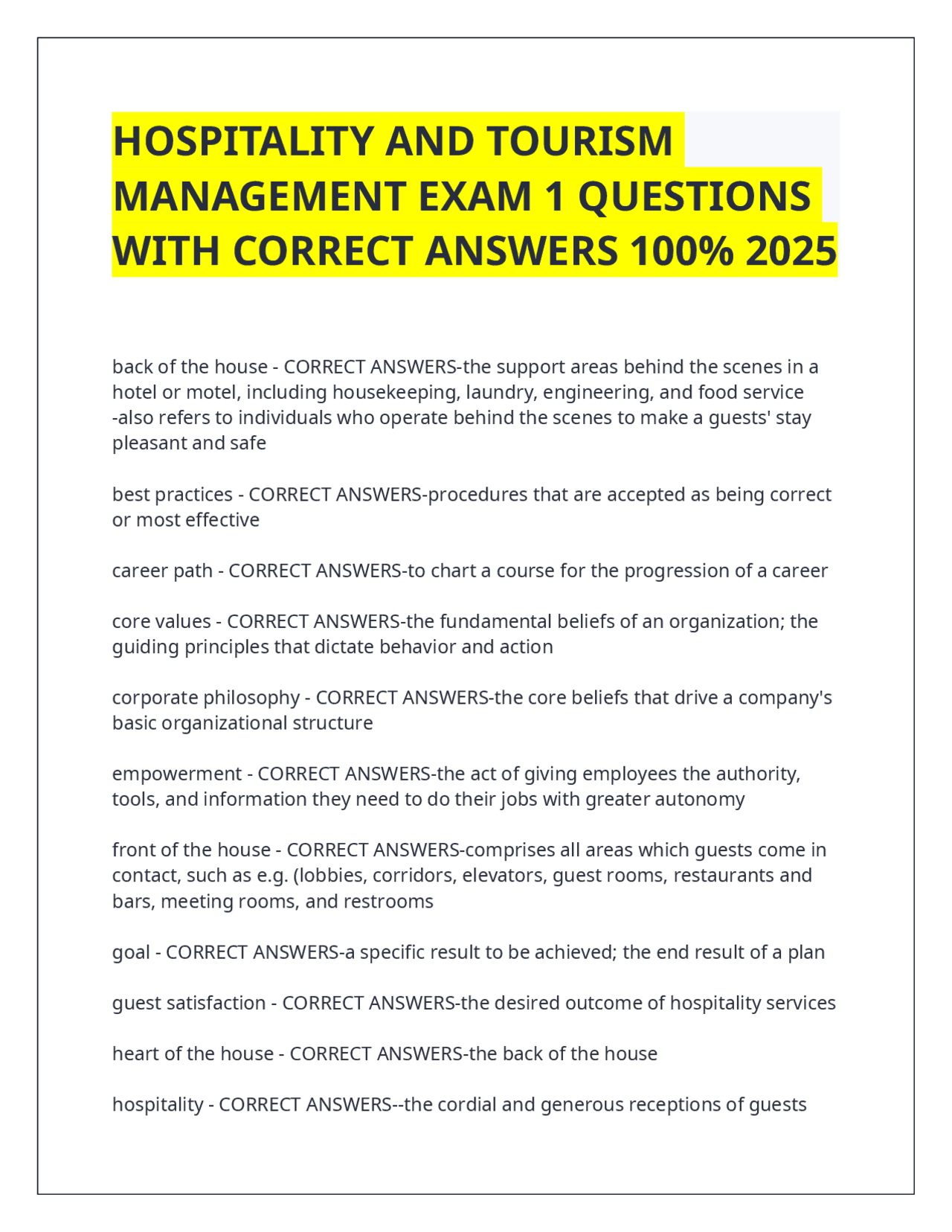 HOSPITALITY AND TOURISM MANAGEMENT EXAM 1 QUESTIONS WITH CORRECT ...