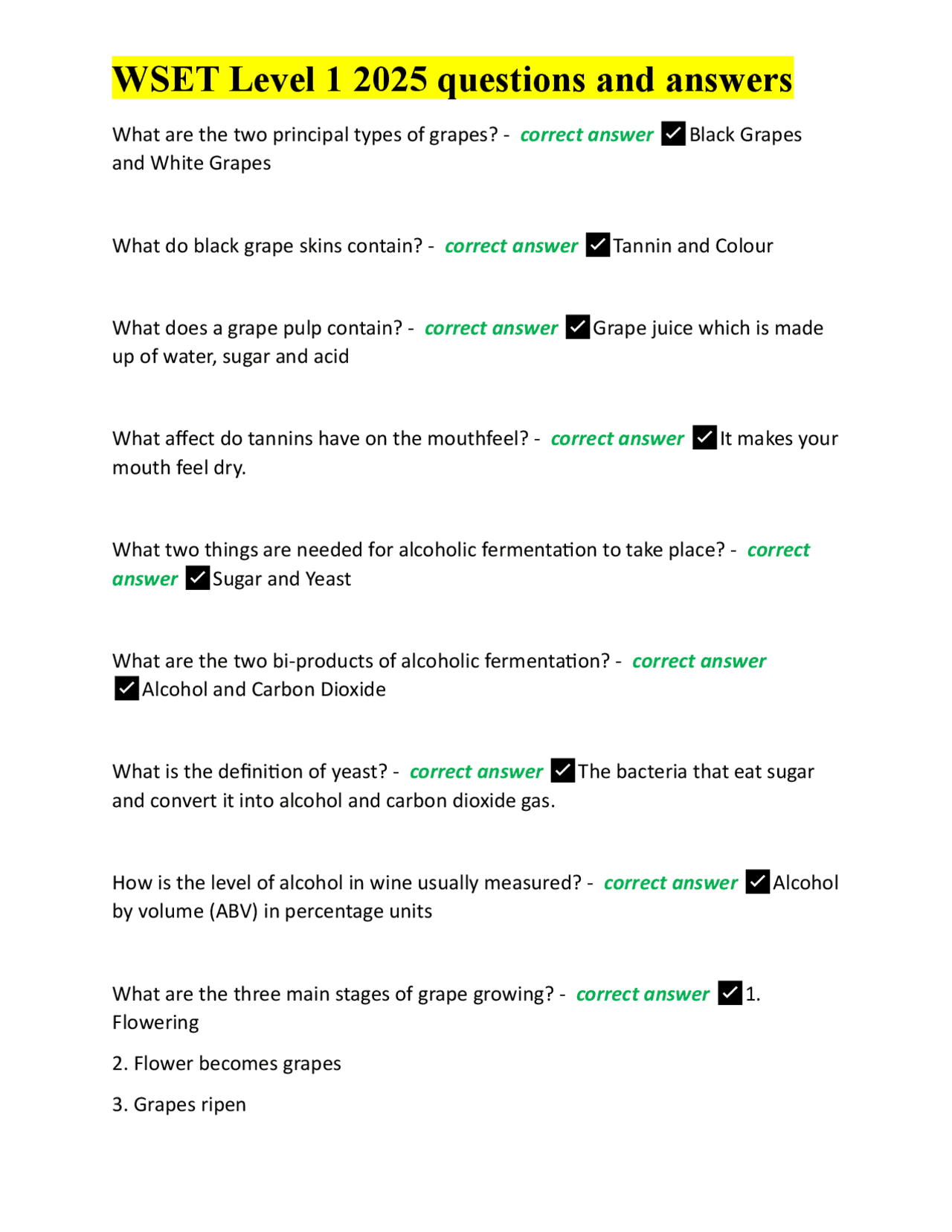 WSET Level 1 2025 questions and answers. | Exams Nursing | Docsity