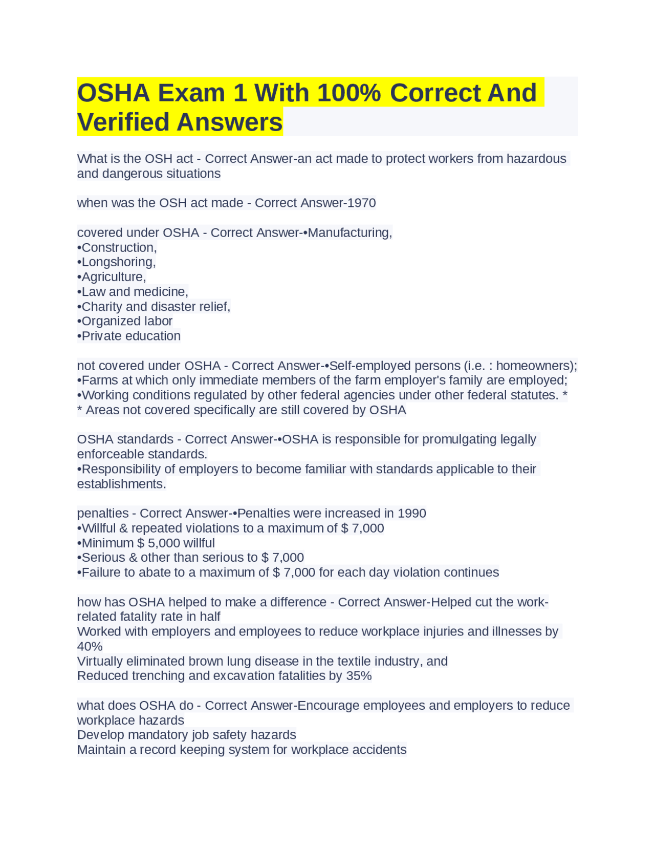 OSHA Exam 1 With 100% Correct And Verified Answers | Exams Advanced ...