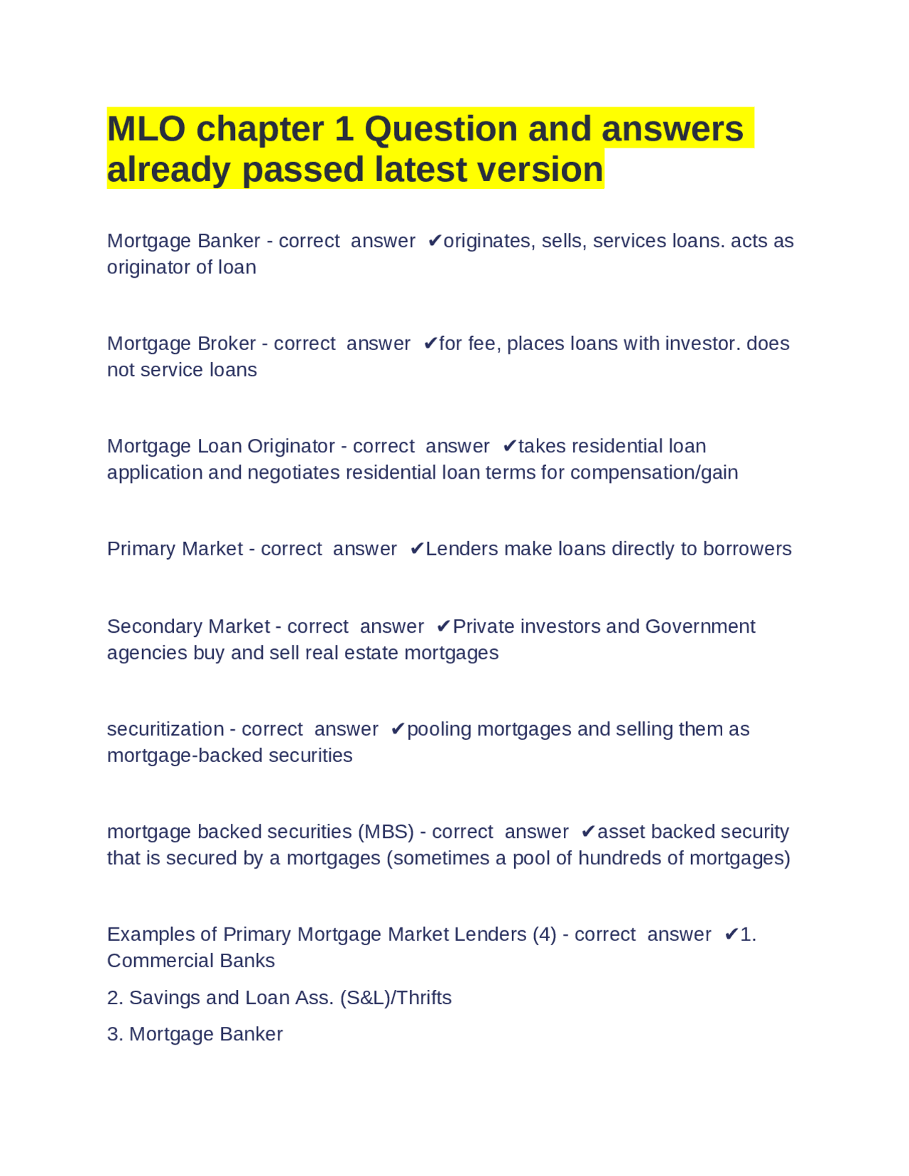 MLO chapter 1 Question and answers already passed latest version ...