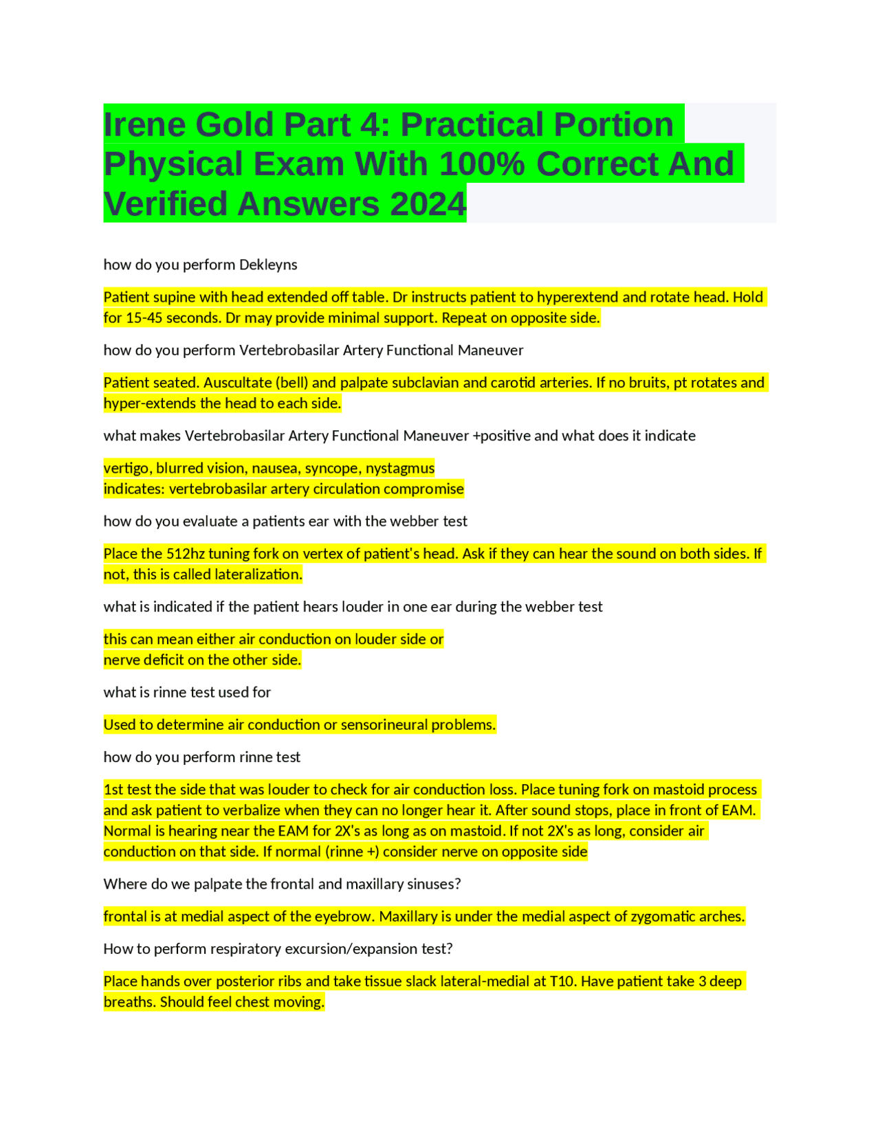 Irene Gold Part 4: Practical Portion Physical Exam With 100% Correct ...