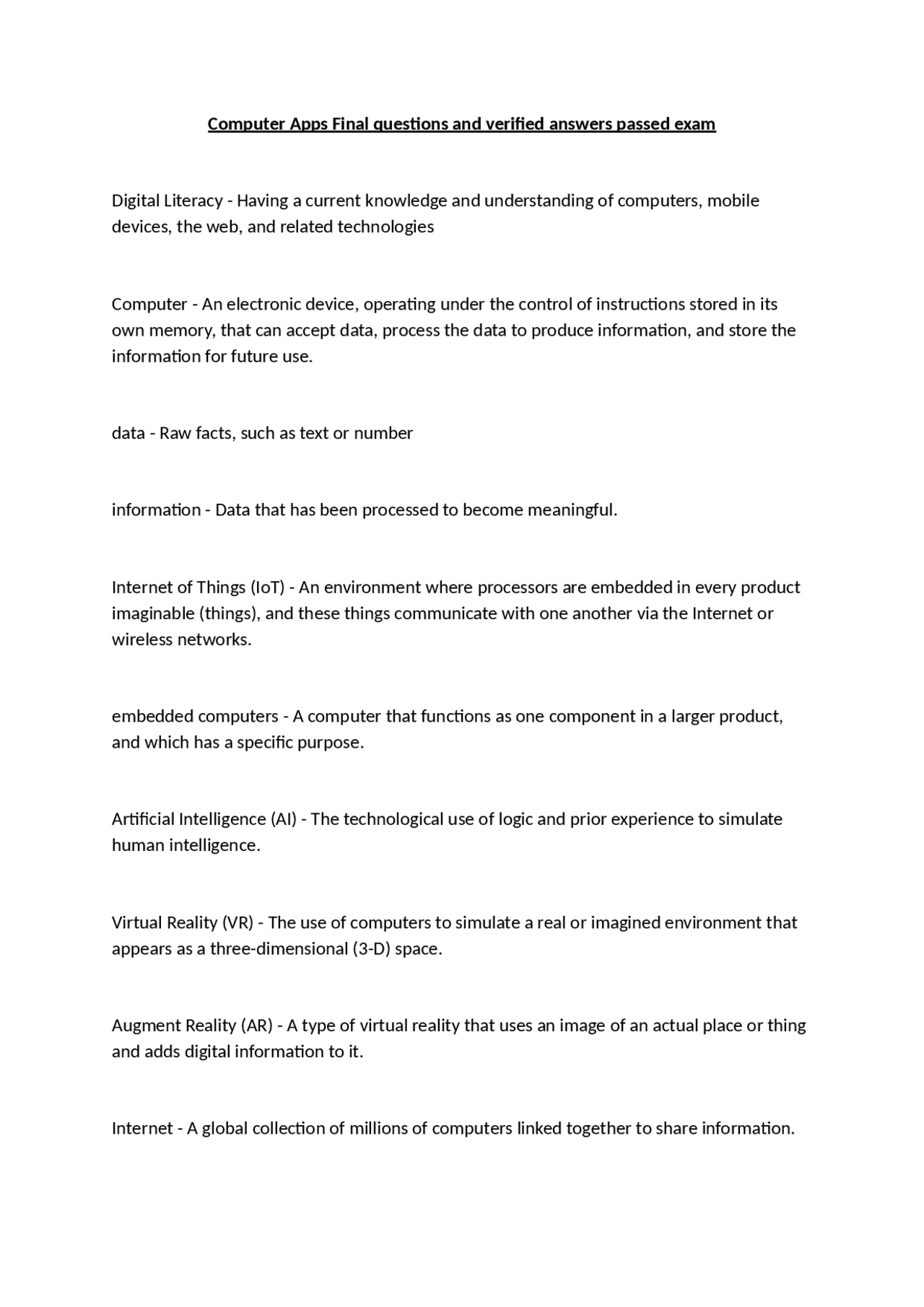 Computer Applications: Definitions and Explanations | Exams Advanced Education | Docsity