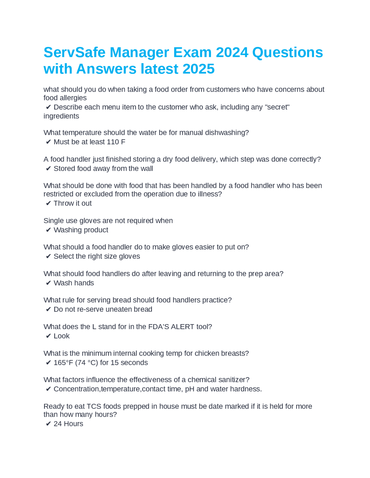 ServSafe Manager Exam 2024 Questions with Answers latest 2025 | Exams ...