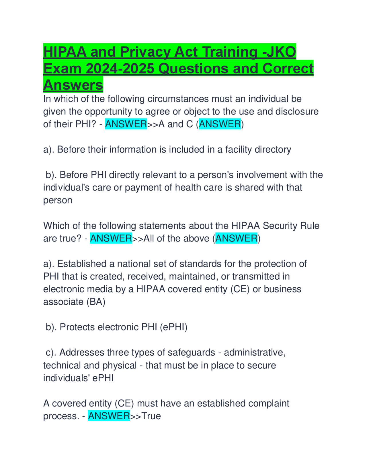 HIPAA and Privacy Act Training -JKO Exam 2024-2025 Questions and Correct Answers | Exams ...