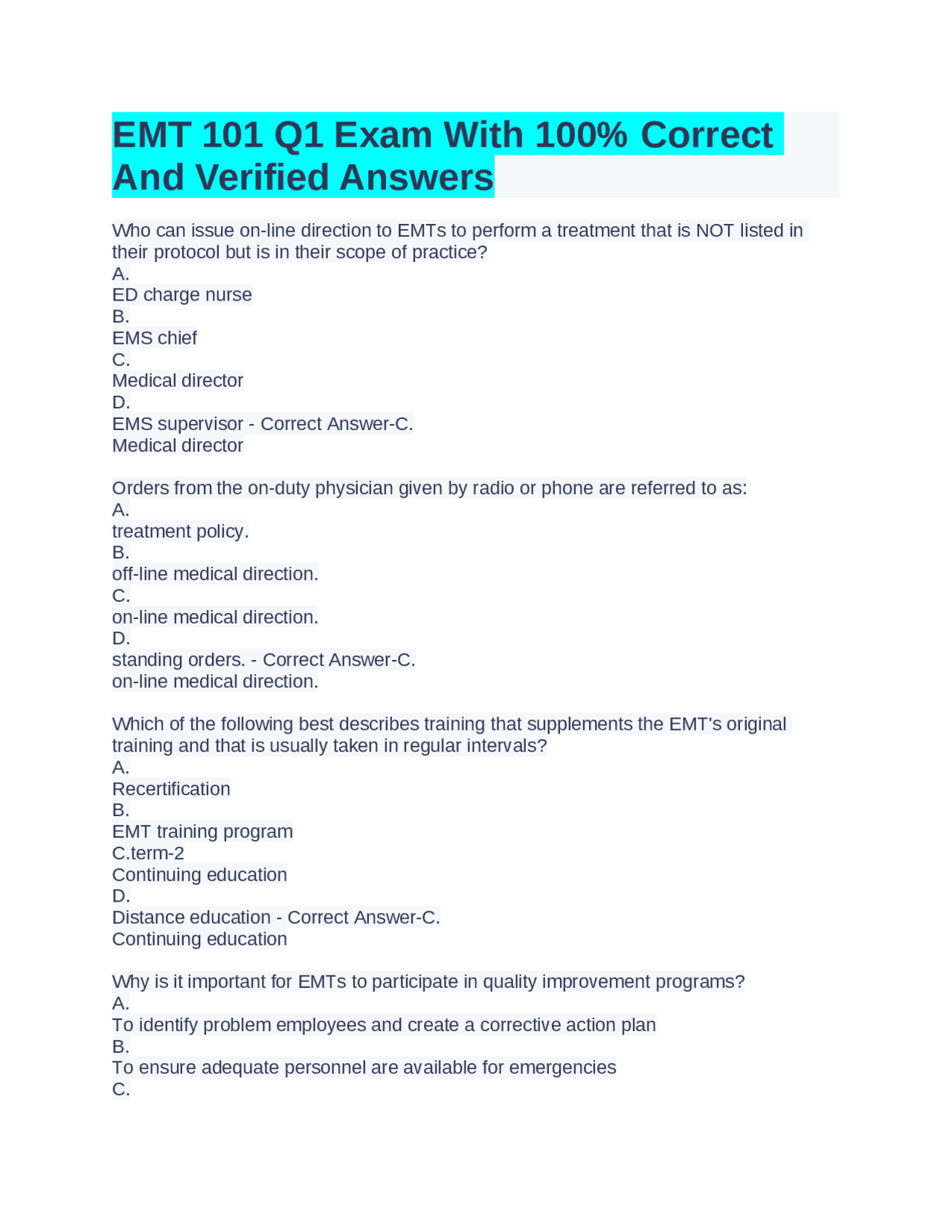 EMT Final Exam Review (Ch. 1-12) With 100% Correct And Verified Answers ...