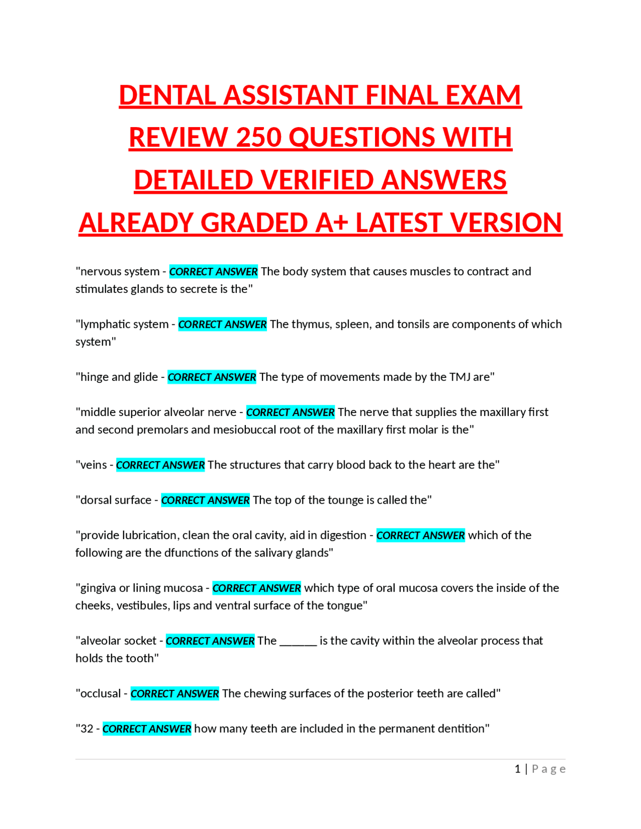 DENTAL ASSISTANT FINAL EXAM REVIEW 250 QUESTIONS WITH DETAILED VERIFIED ...