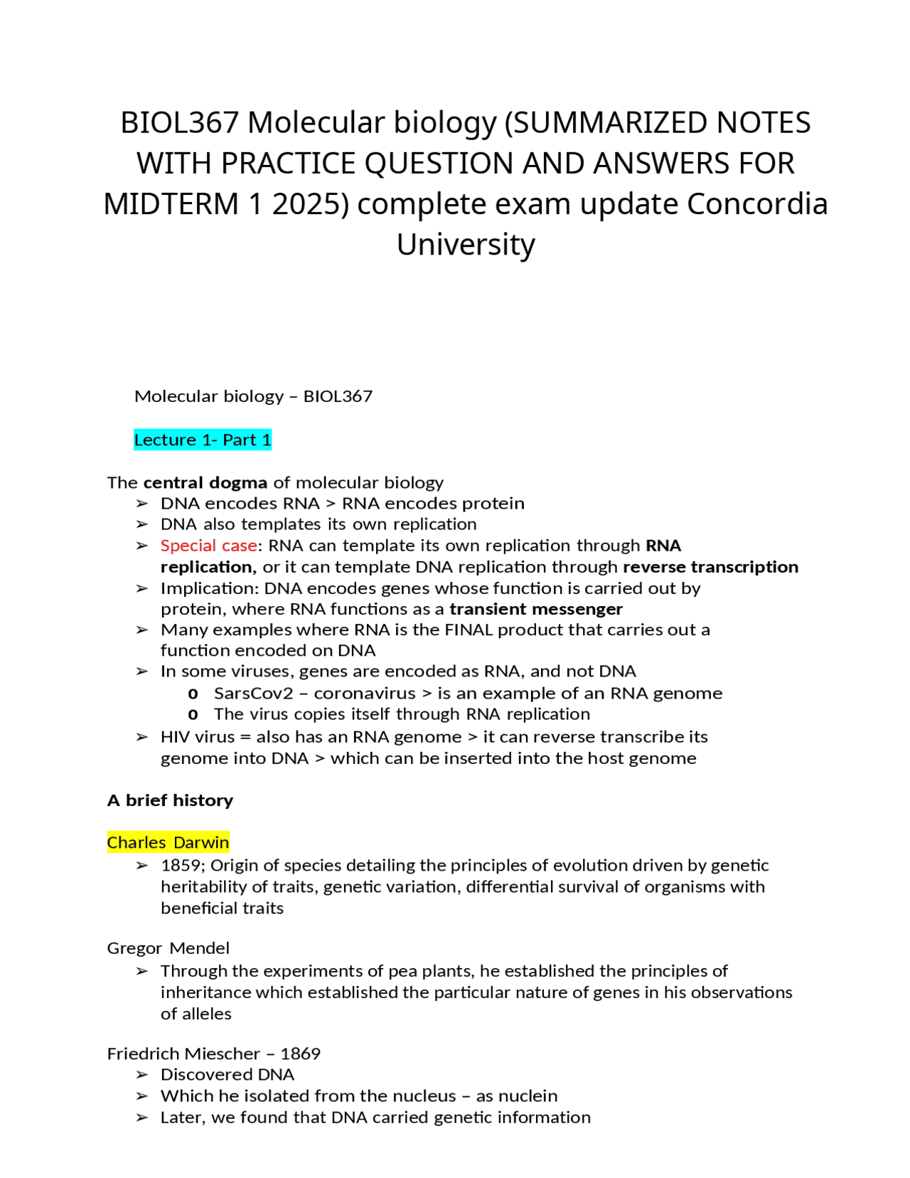 BIOL367 Molecular biology (SUMMARIZED NOTES WITH PRACTICE QUESTION AND ...