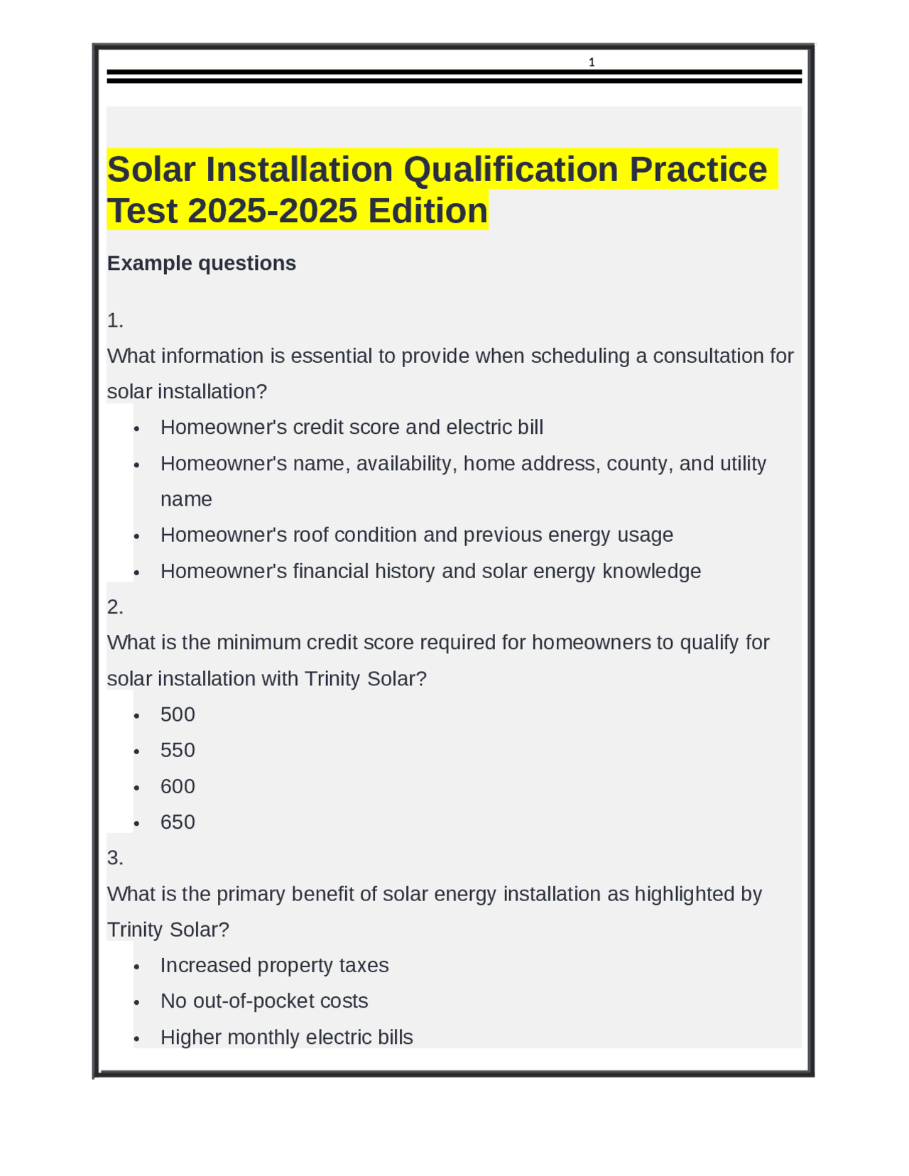 Solar Installation Qualification Practice Test 2025-2025 Edition ...
