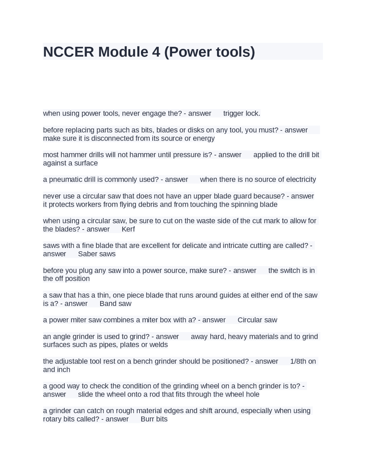 NCCER Module 4 (Power tools) Questions and Answers Fully Solved | Exams ...