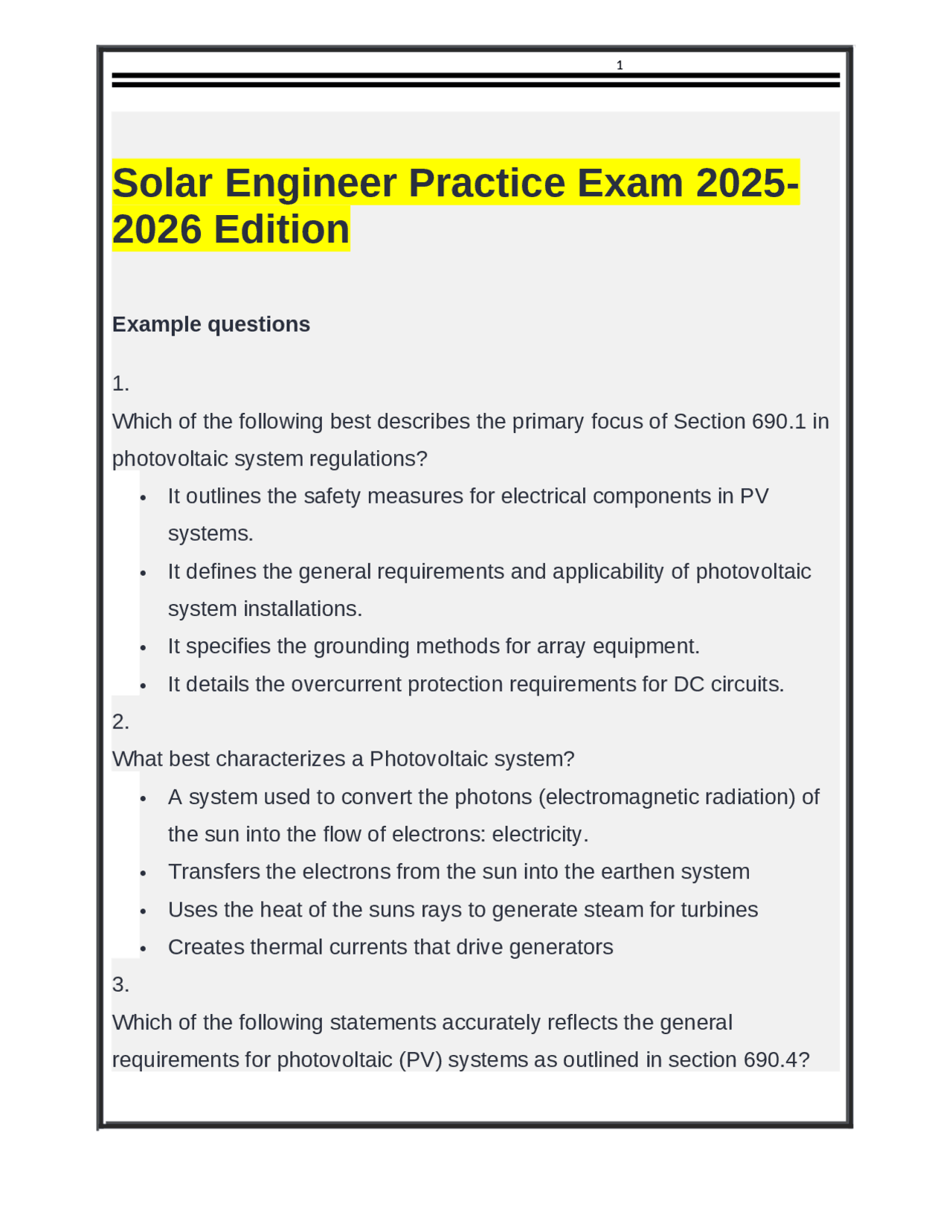 Solar Engineer Practice Exam 2025-2026 Edition | Exams Engineering | Docsity