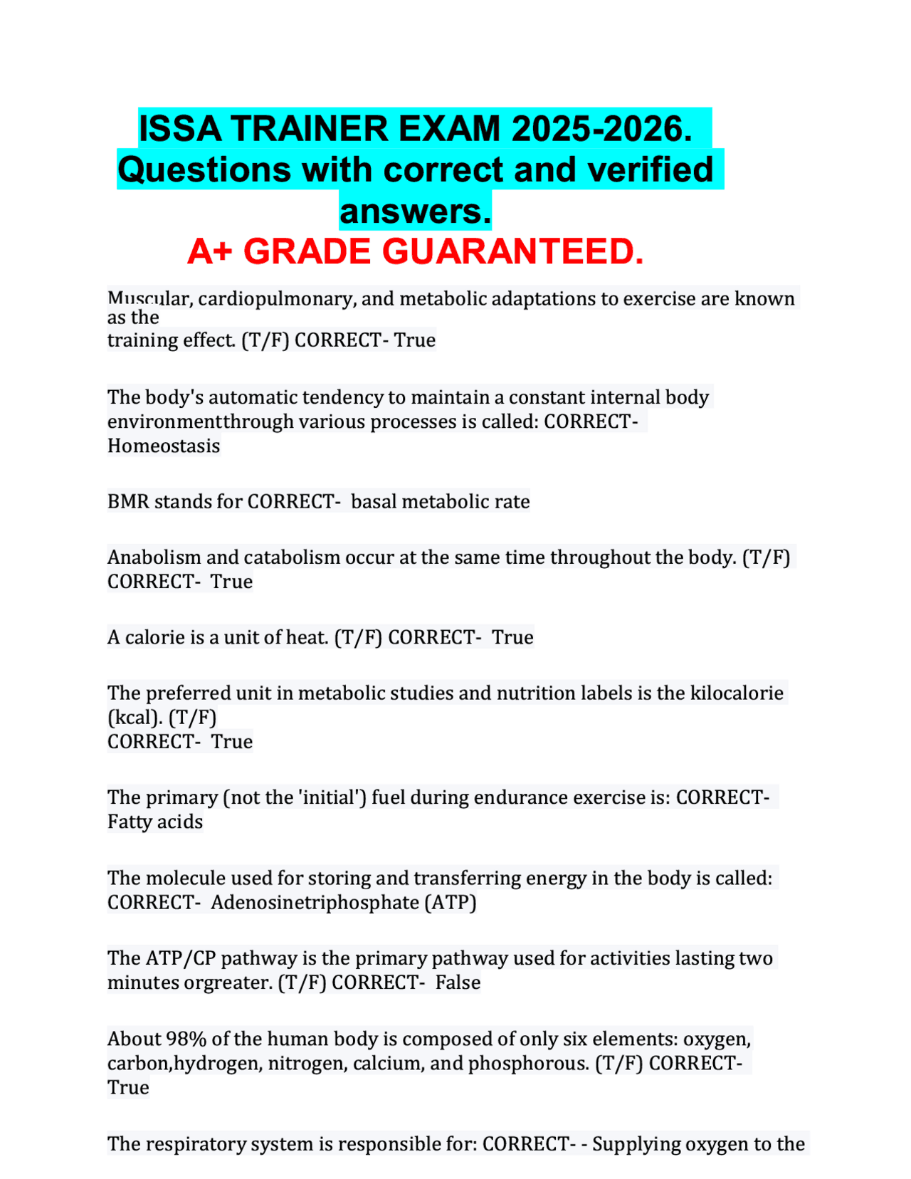 ISSA TRAINER EXAM 2025-2026. Questions with correct and verified ...