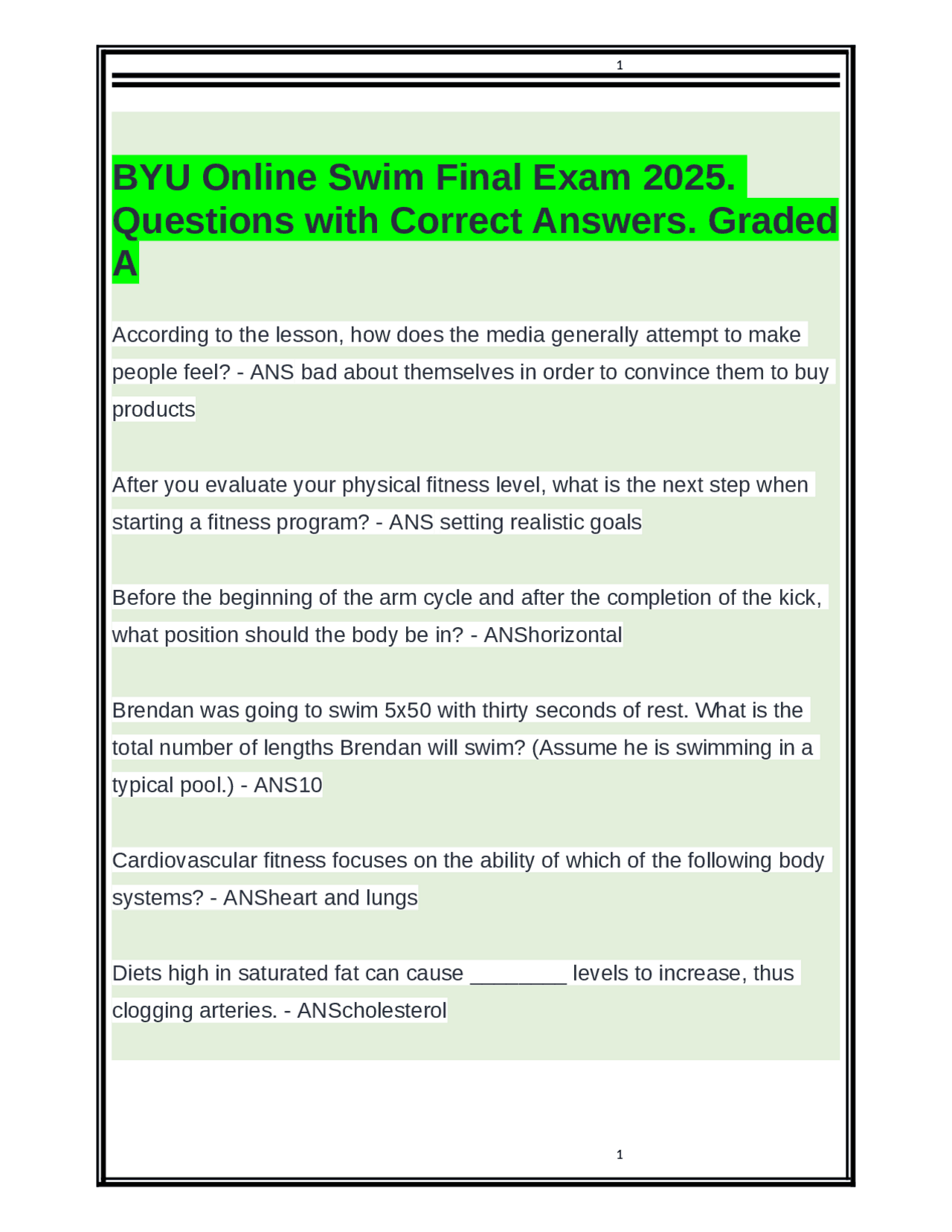 BYU Online Swim Final Exam 2025. Questions with Correct Answers. Graded ...