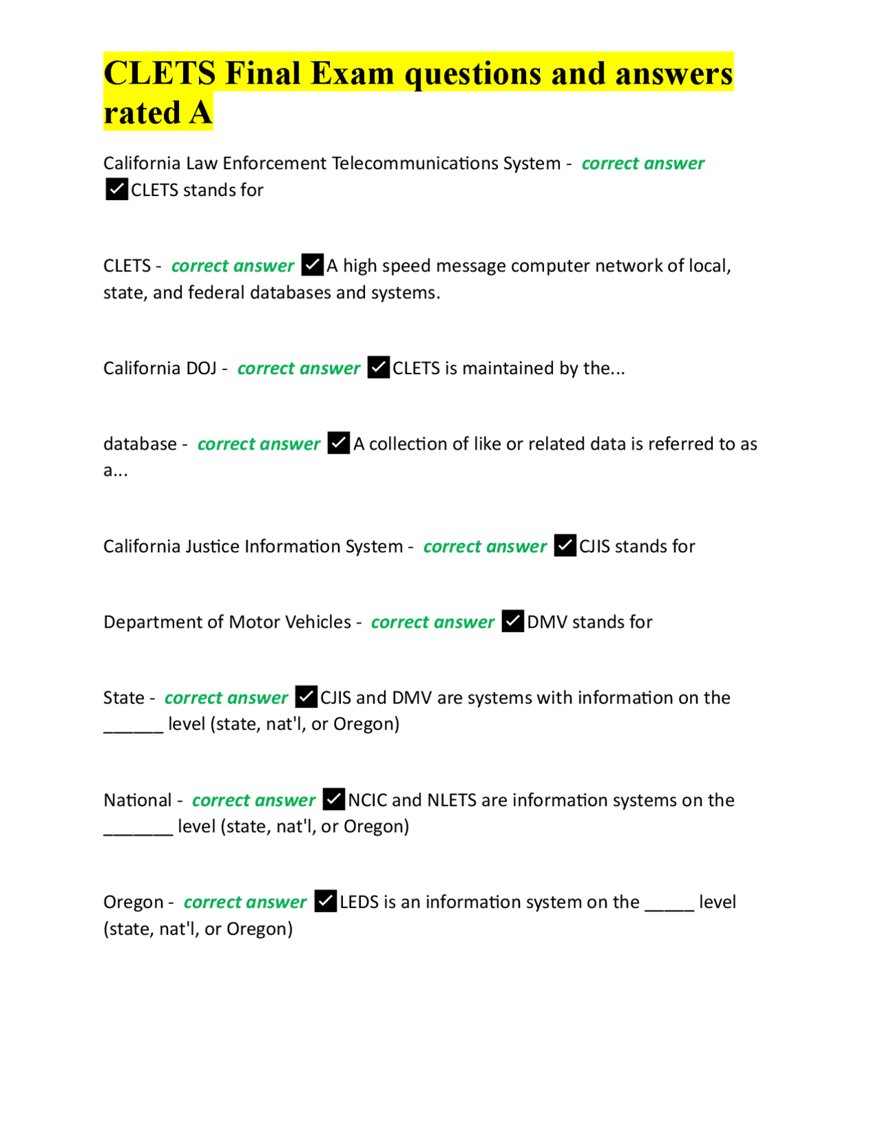 CLETS Final Exam questions and answers rated A. | Exams Nursing | Docsity