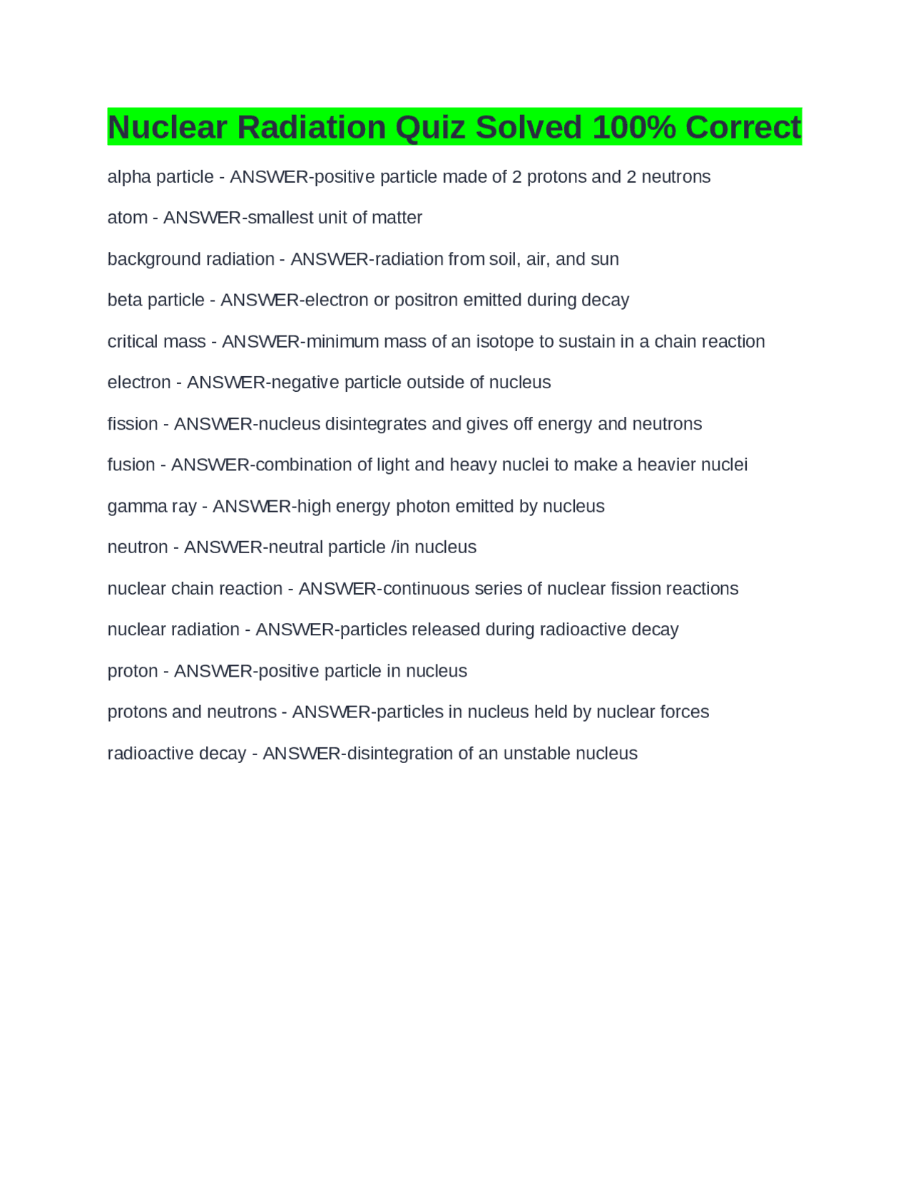 Nuclear Radiation Quiz: Solved with 100% Correct Answers | Exams ...