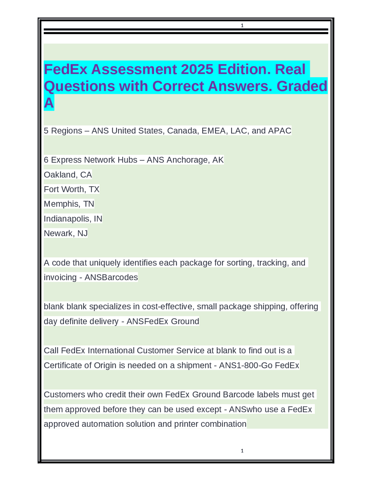 FedEx Assessment 2025 Edition. Real Questions with Correct Answers ...