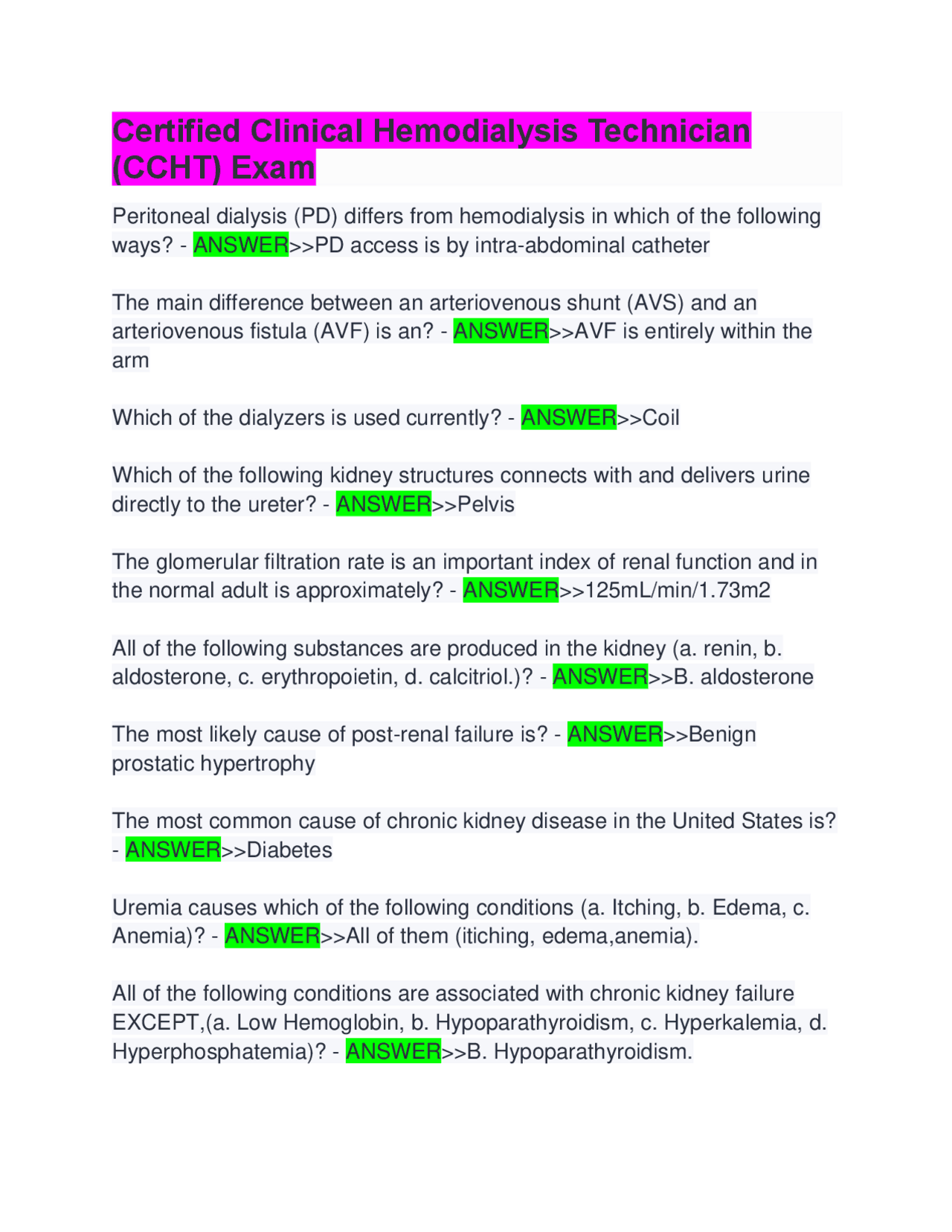 Certified Clinical Hemodialysis Technician (CCHT) Exam 2025 | Exams ...