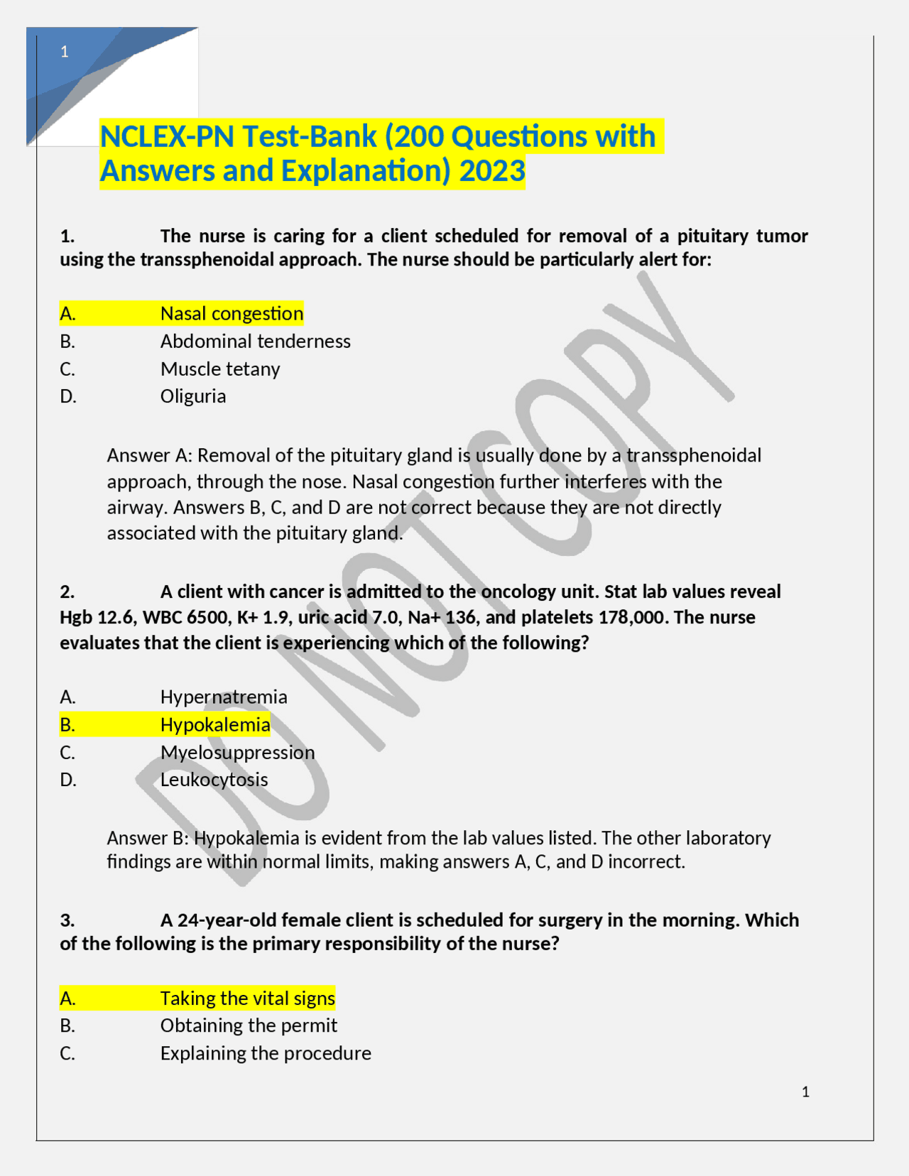 NCLEX-PN Test-Bank: 200 Questions with Answers and Explanations (2023 ...