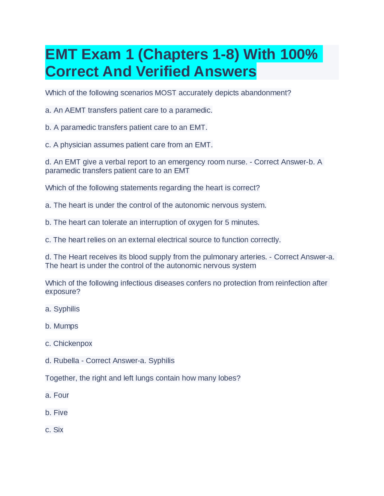 EMT Exam 1 (Chapters 1-8) With 100% Correct And Verified Answers | Exams Advanced Education ...