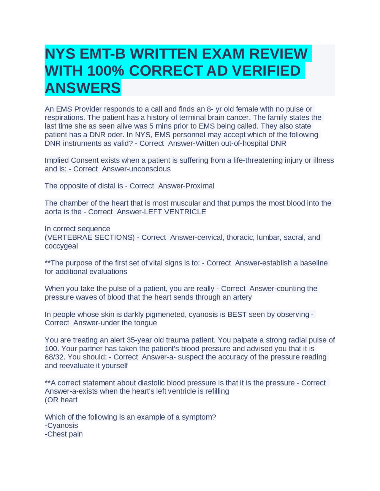 NYS EMT-B WRITTEN EXAM REVIEW WITH 100% CORRECT AD VERIFIED ANSWERS ...