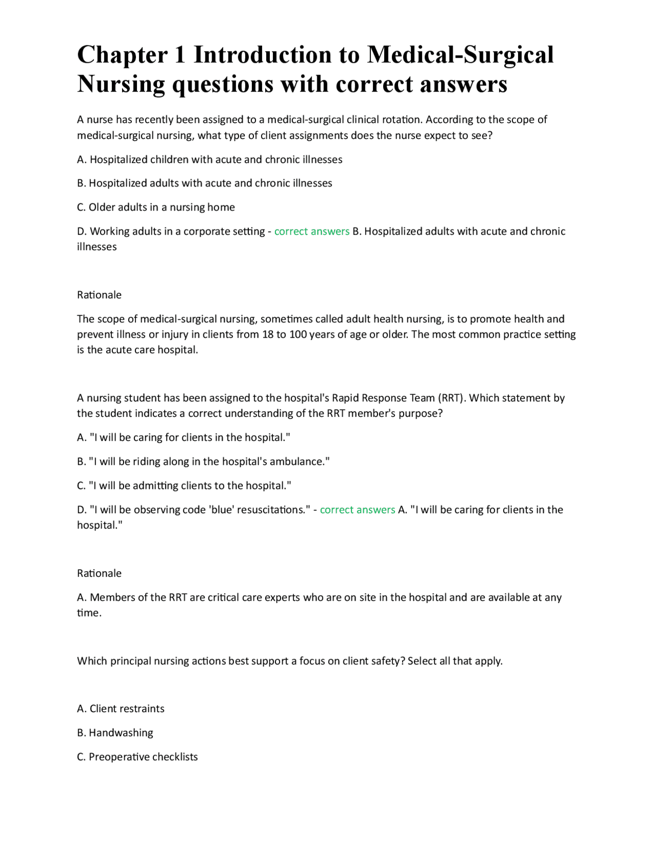 Chapter 1 Introduction to Medical-Surgical Nursing questions with ...