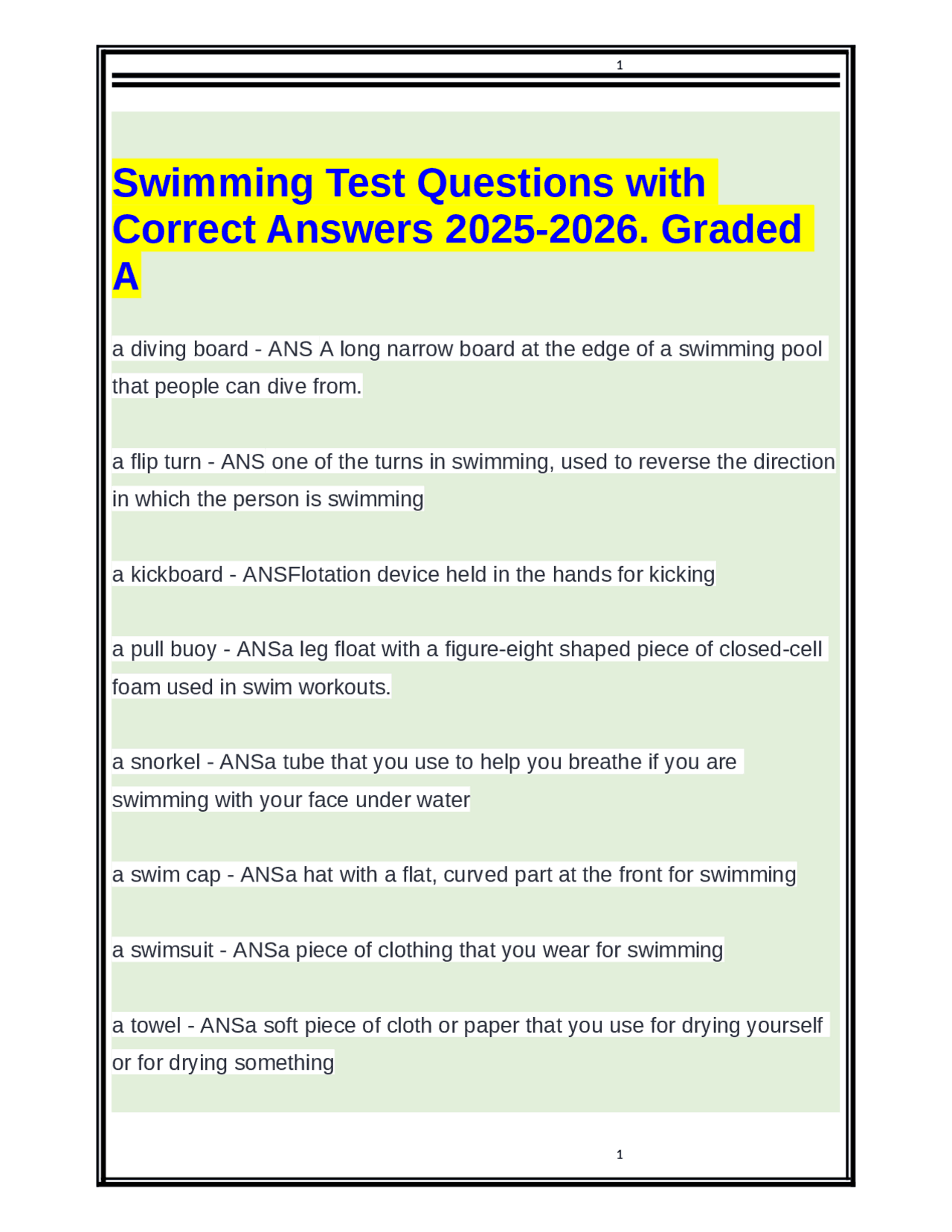 Swimming Test Questions with Correct Answers 2025-2026. Graded A ...