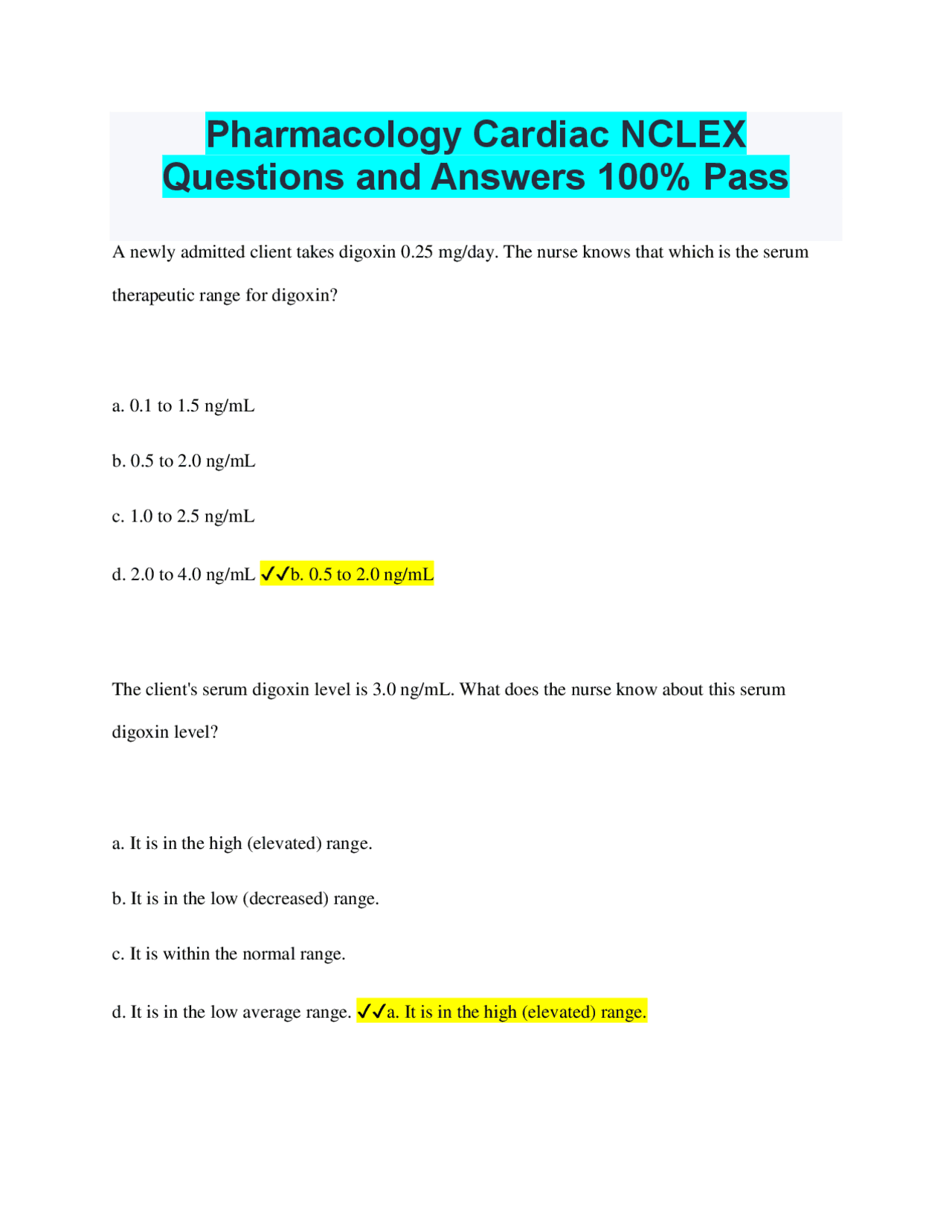 Pharmacology Cardiac NCLEX Questions and Answers 100% Pass | Exams ...
