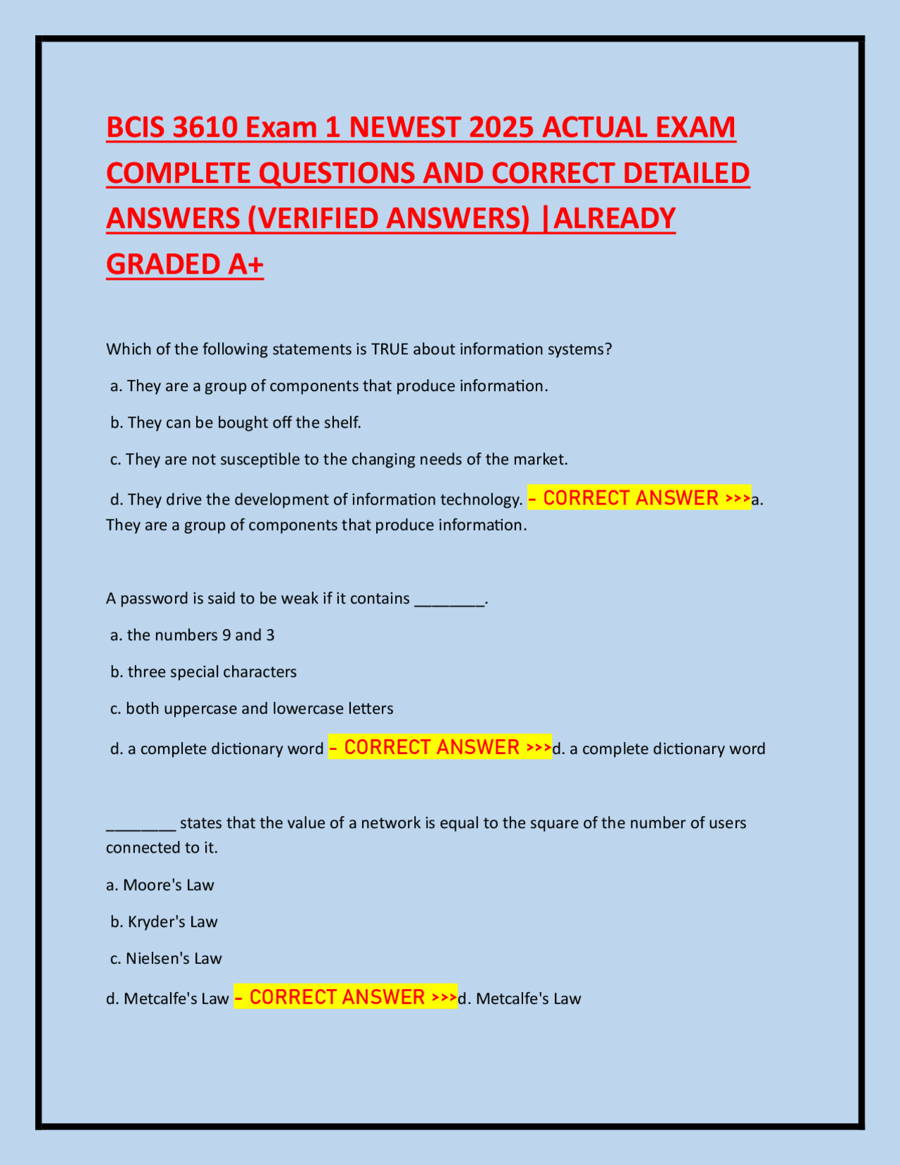 BCIS 3610 Exam 1 NEWEST 2025 ACTUAL EXAM COMPLETE QUESTIONS AND CORRECT DETAILED ANSWERS | Exams ...