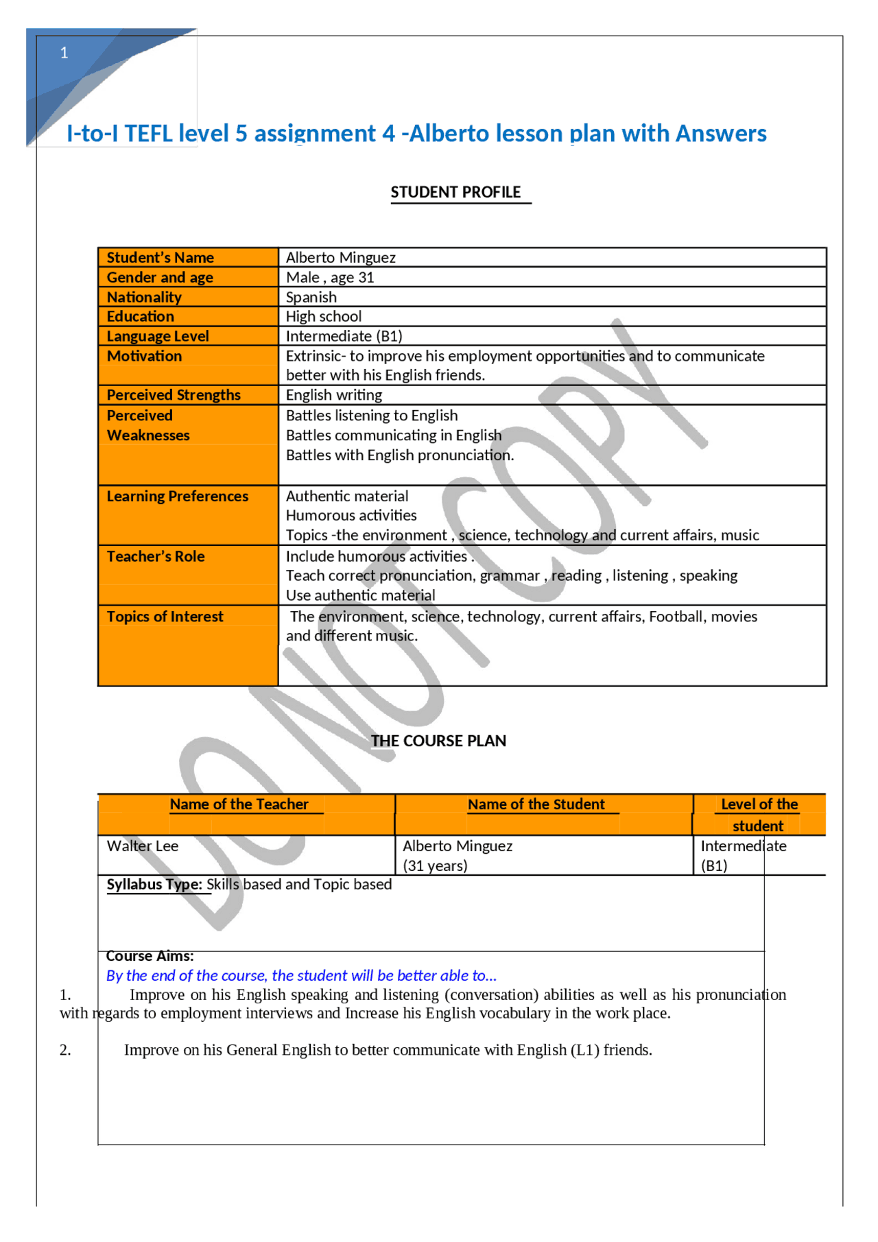 I-to-I TEFL level 5 assignment 4 - Alberto lesson plan with Answers | Exams Nursing | Docsity