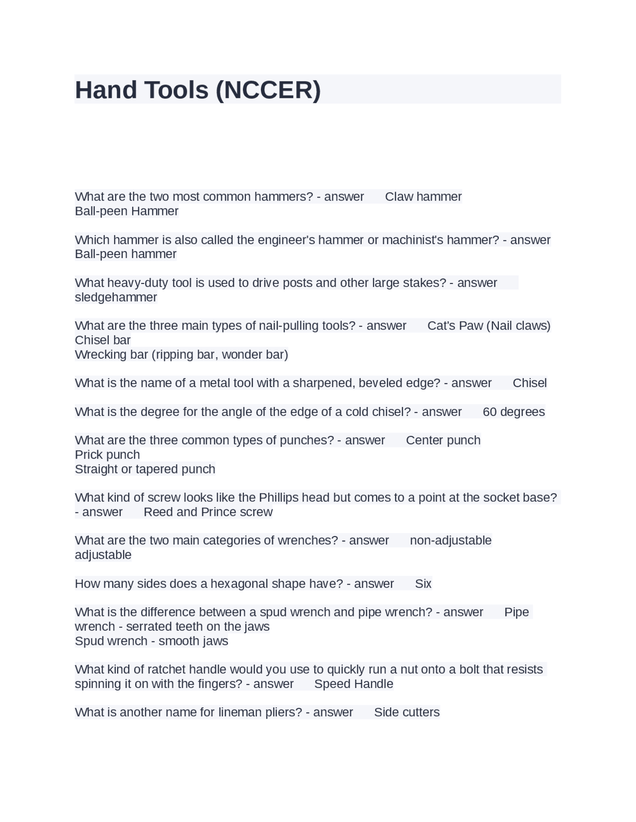 Hand Tools (NCCER) Questions with Accurate Answers | Exams Advanced ...