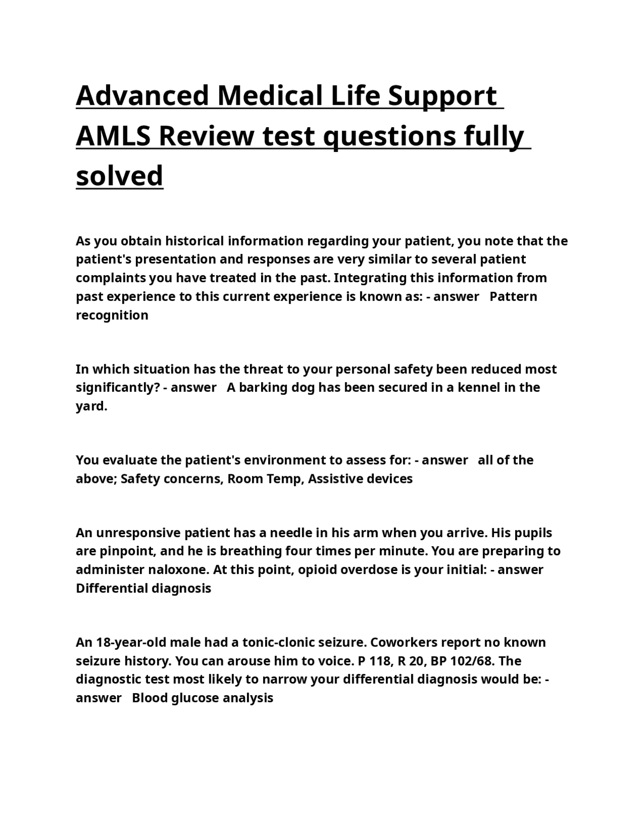 Advanced Medical Life Support (AMLS) Review Test Questions | Exams ...