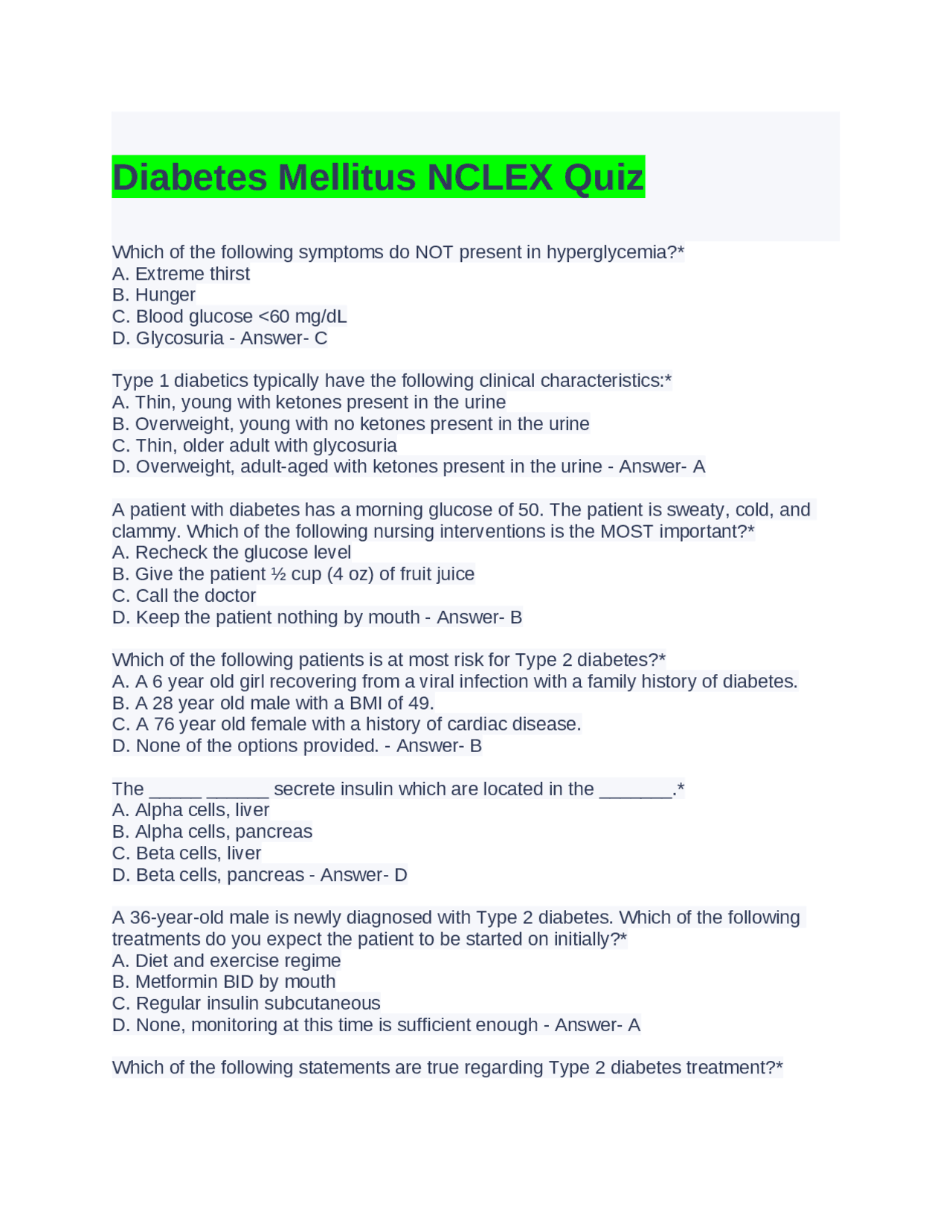 Diabetes Mellitus NCLEX Quiz with Verified solutions | Latest Updated ...