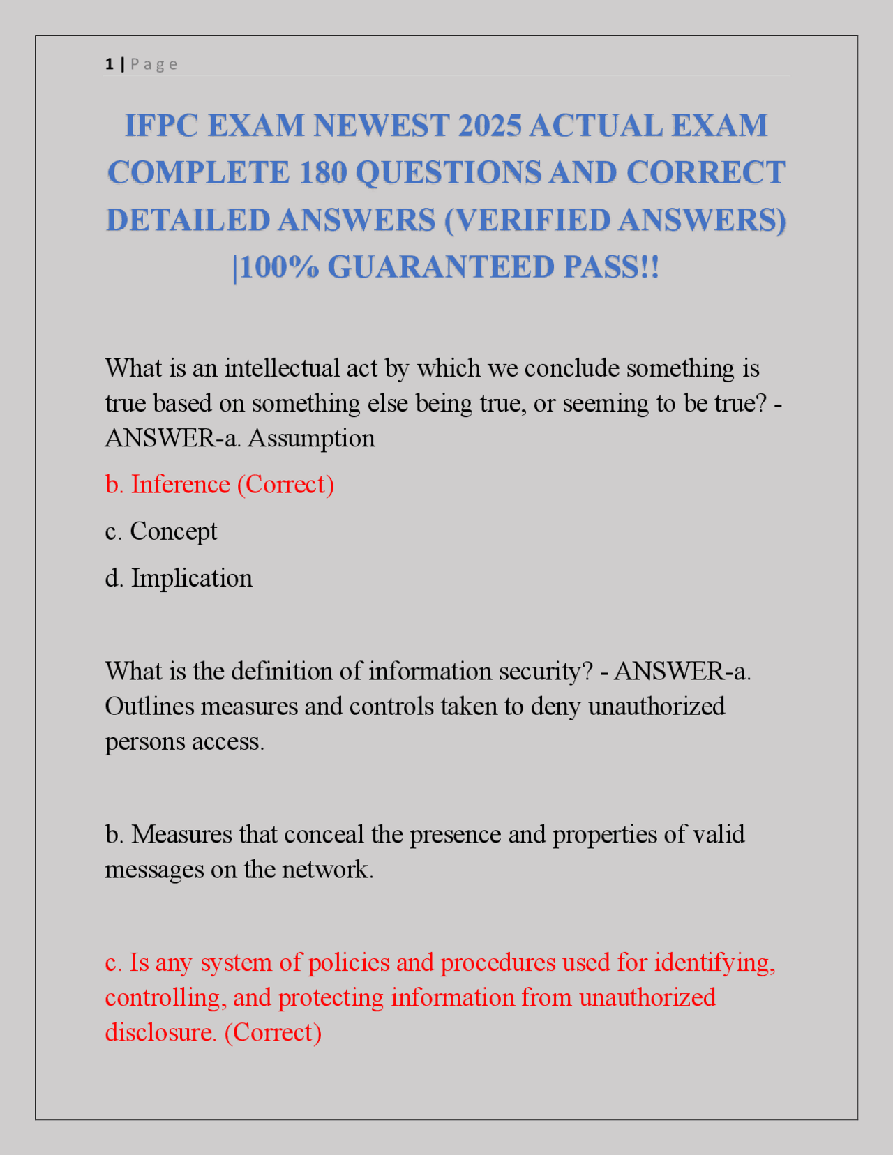 IFPC EXAM NEWEST 2025 ACTUAL EXAM COMPLETE 180 QUESTIONS AND CORRECT DETAILED ANSWERS (V | Exams ...