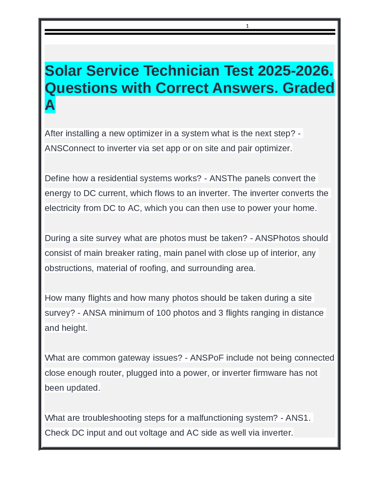 Solar Service Technician Test 2025-2026. Questions with Correct Answers ...